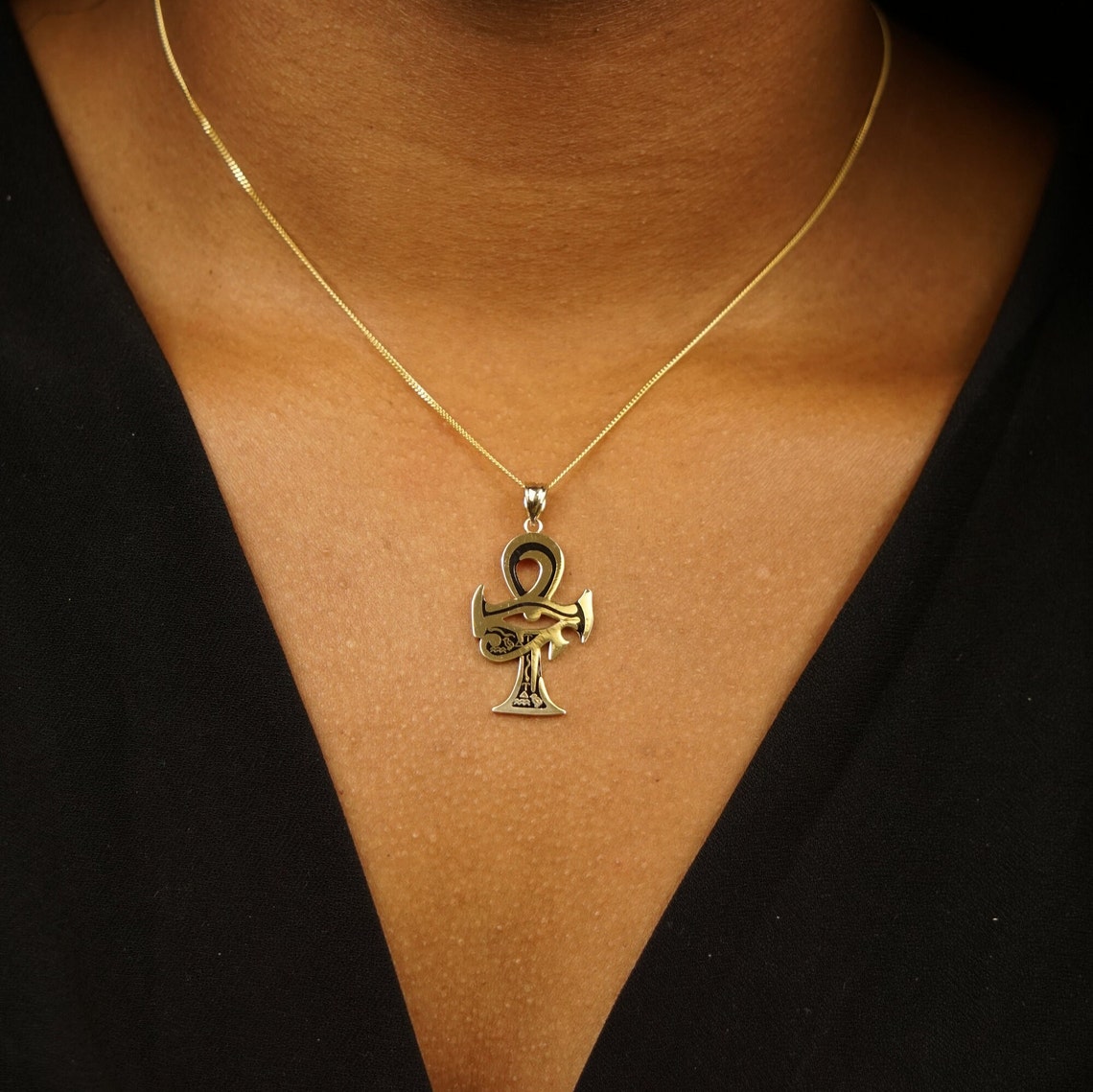 14k Solid Gold Ankh Cross Pendant, Egyptian Ra Eye Hieroglyphic, Unisex ...