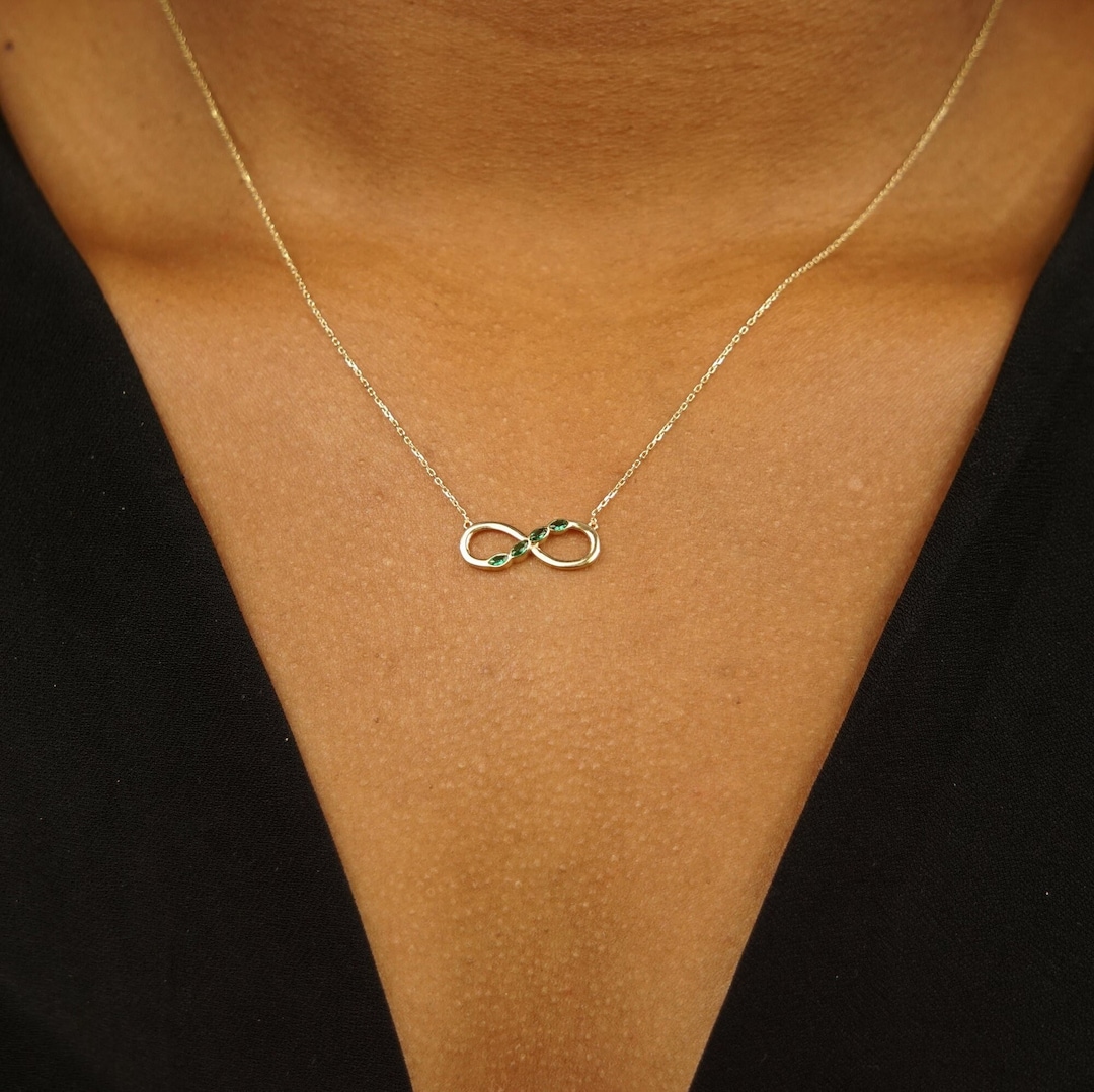 14k Solid Gold - Infinity Symbol Necklace With Green Stones - Charm and ...
