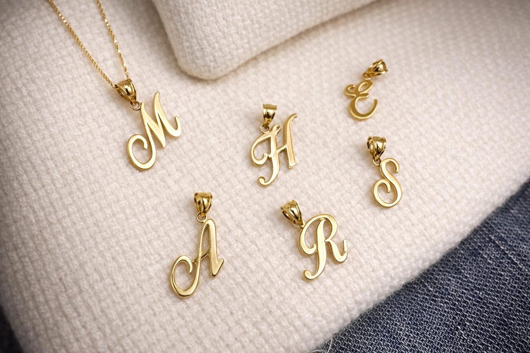 14k or 10k Solid Gold Cursive Initial Charm, Cursive Initial Pendant ...