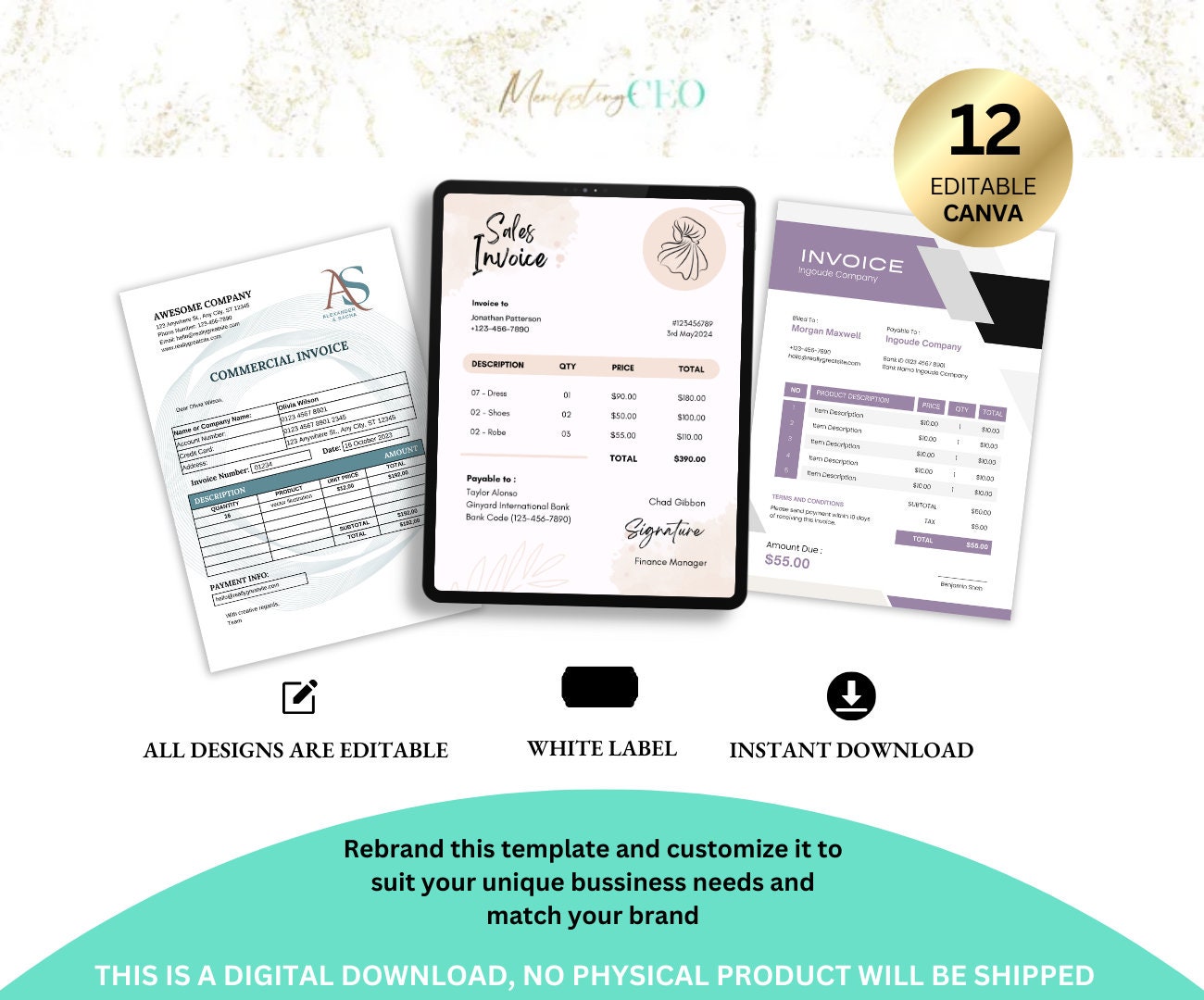 12 Bundle Aesthetic Minimalist Business Invoice TEMPLATE, Small ...