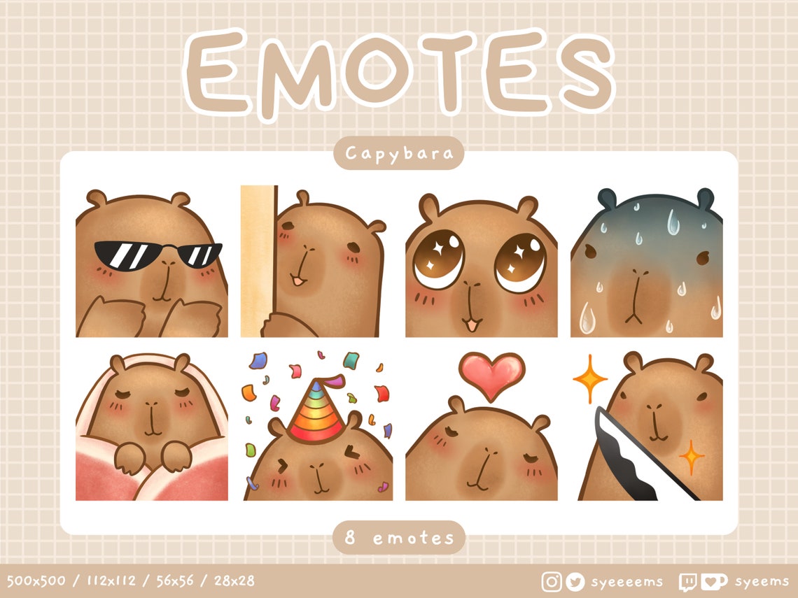 Capybara Emote Pack I 8 Emotes for Twitch, Discord I Cute Capybara ...