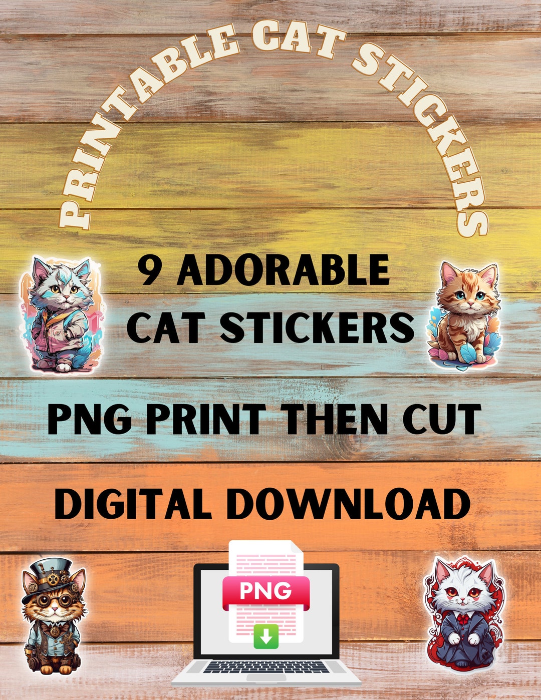 Cute Digital PNG Sticker Sheets, 9 Sticker Pack, Cut Sticker Bundle ...