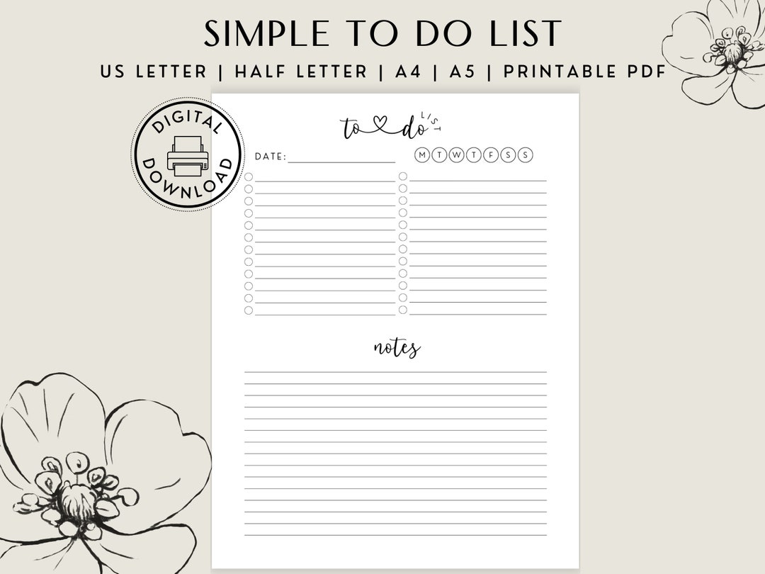 Printable Todo List With Notes | Instantly Downloadable PDF - Etsy