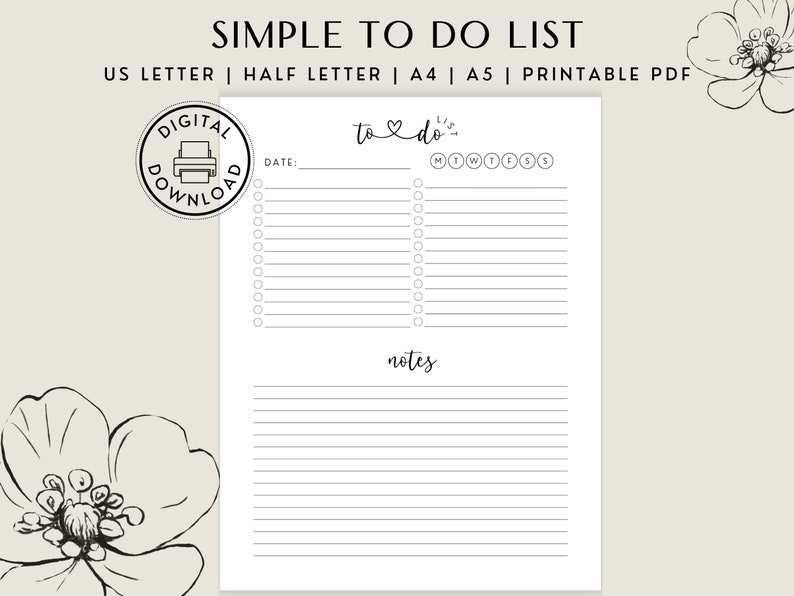 Printable Todo List With Notes Simple Todo List To-do List Printable ...