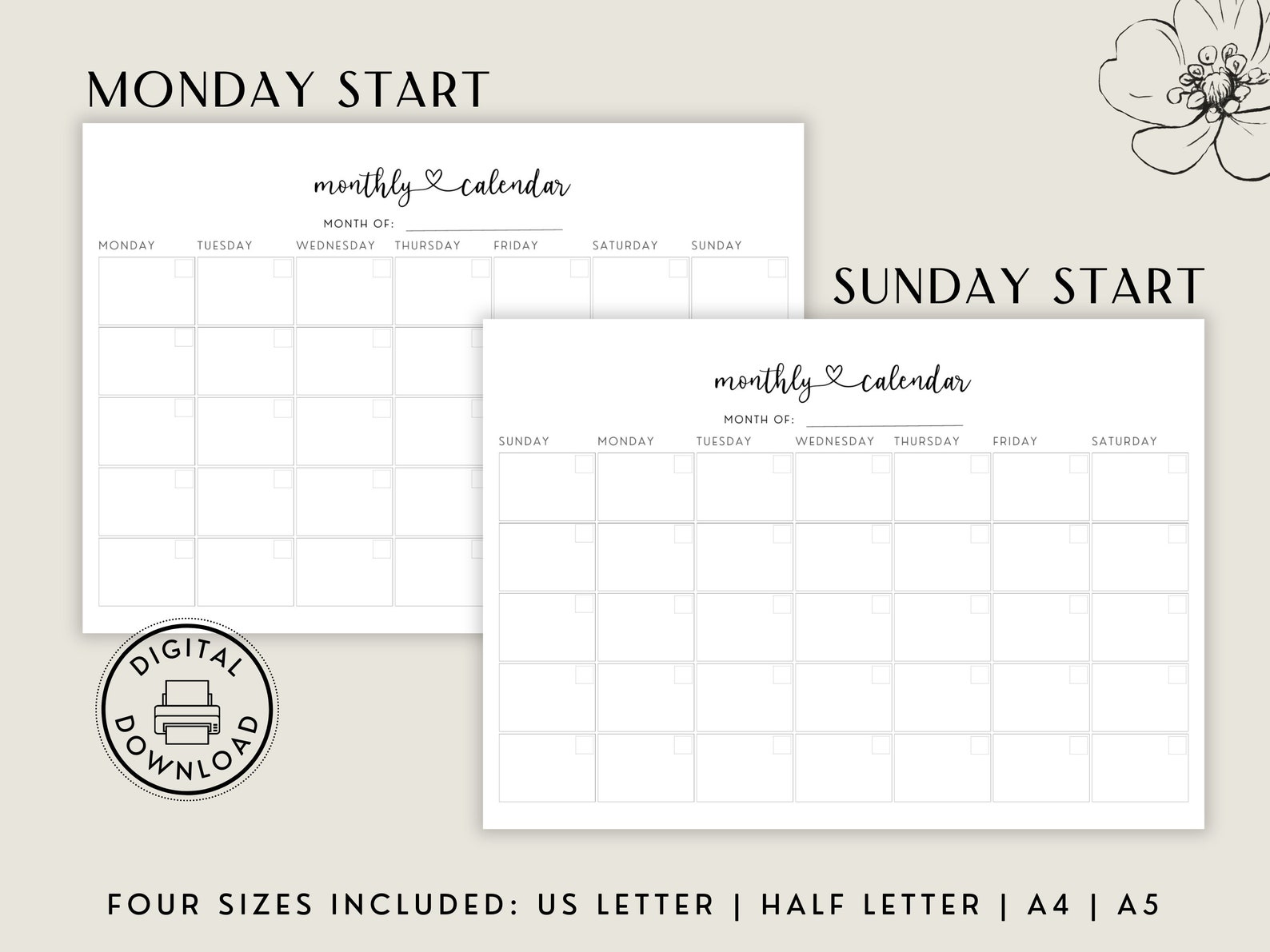 Blank Calendar Undated Monthly Calendar Printable Monthly Schedule ...