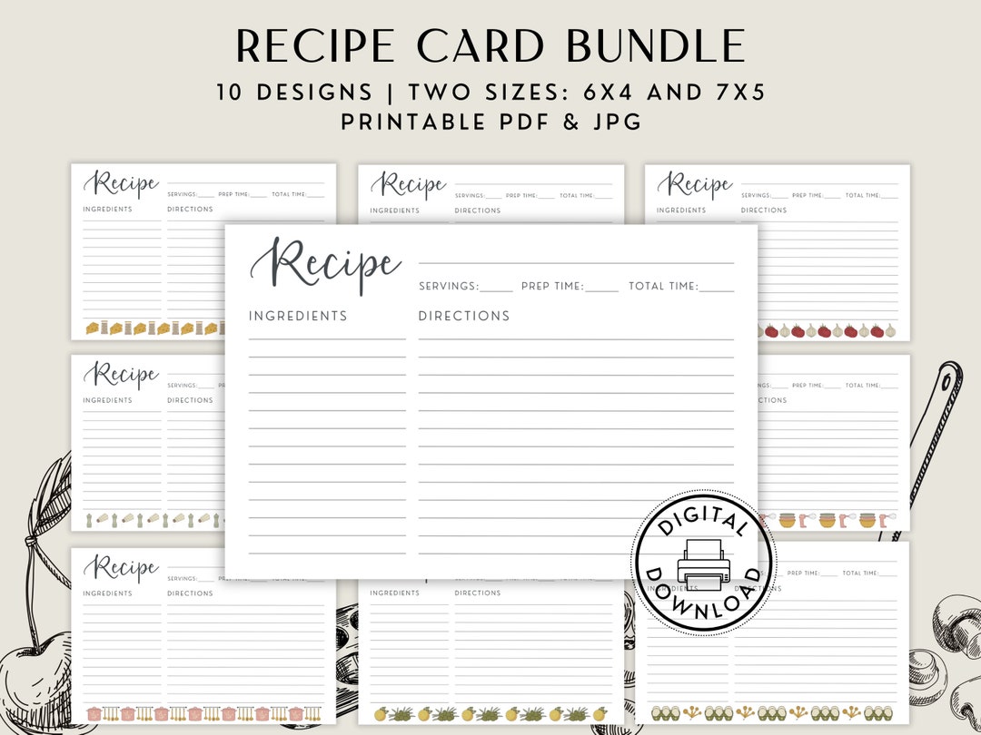 Recipe Card Template Bundle - 10 Printable Recipe Card Designs in Two ...
