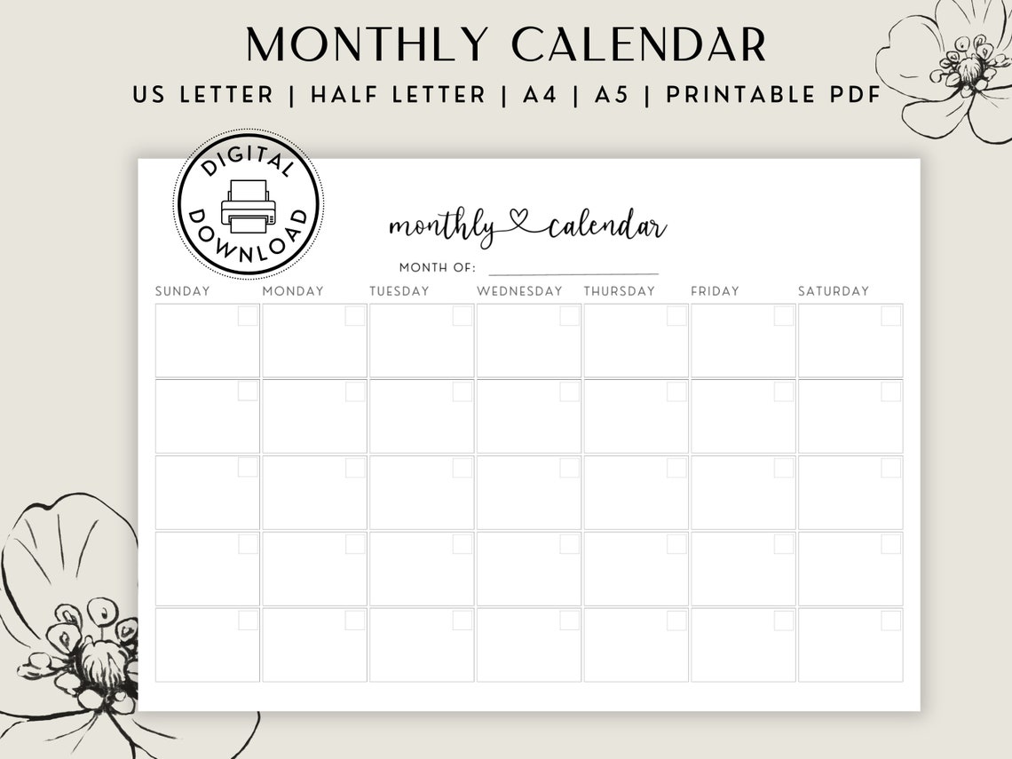 Blank Calendar Undated Monthly Calendar Printable Monthly Schedule ...