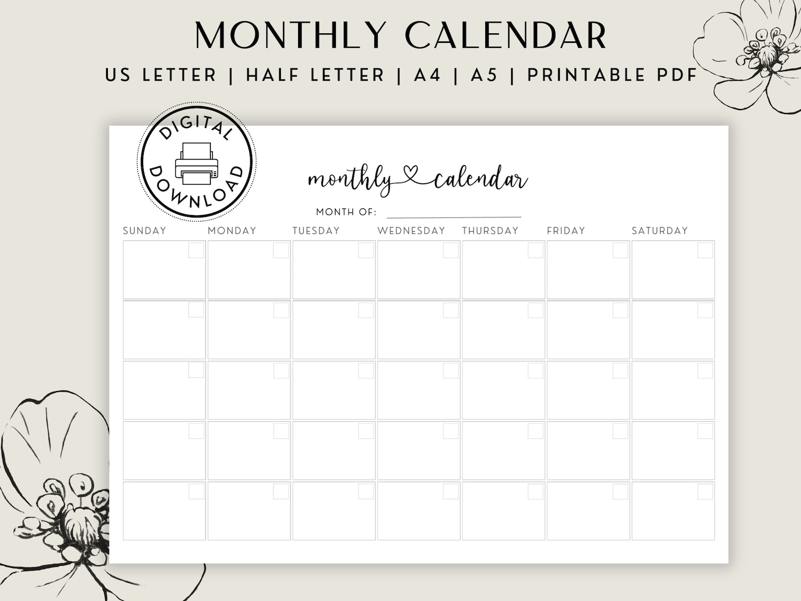 Blank Calendar | Undated Monthly Calendar Printable | Monthly Schedule ...
