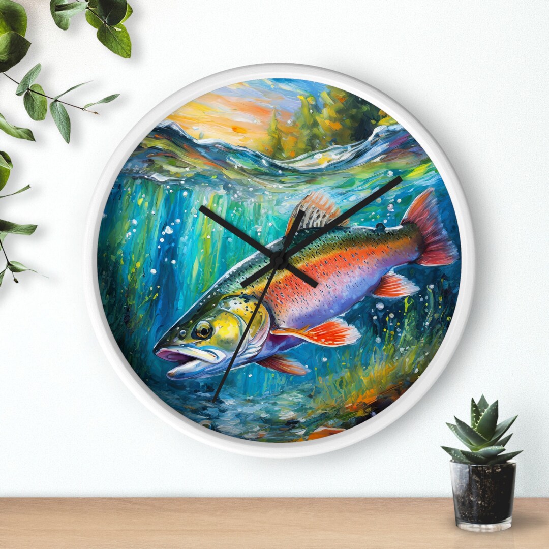 Custom Wall Clock: Rainbow Trout Painting, Nature-inspired Timepiece ...