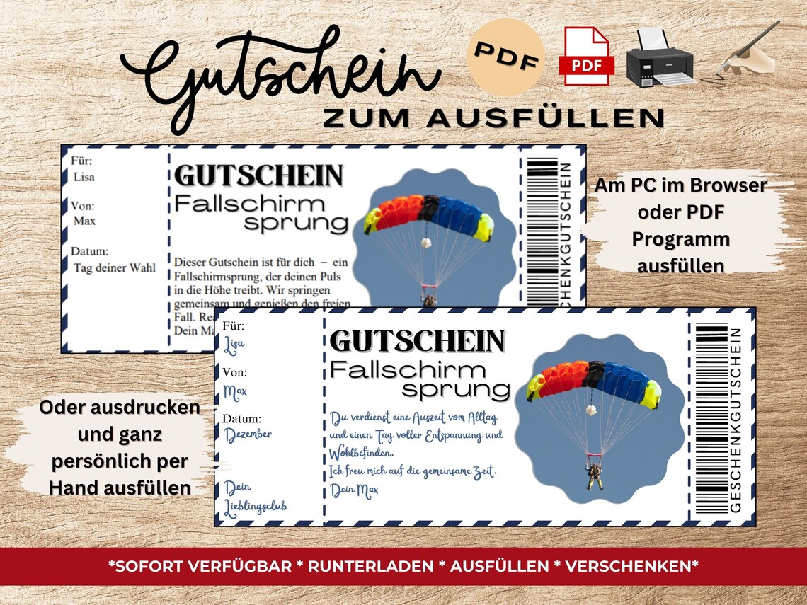 Skydiving Voucher Template to Print Out | Gift Idea Parachute | Gift ...