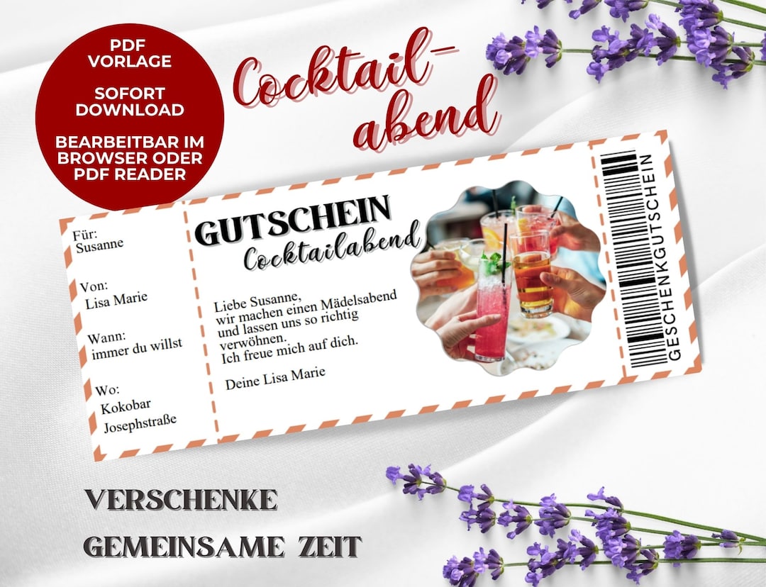 Voucher Cocktail Evening Gift Voucher Template Fill Out - Etsy