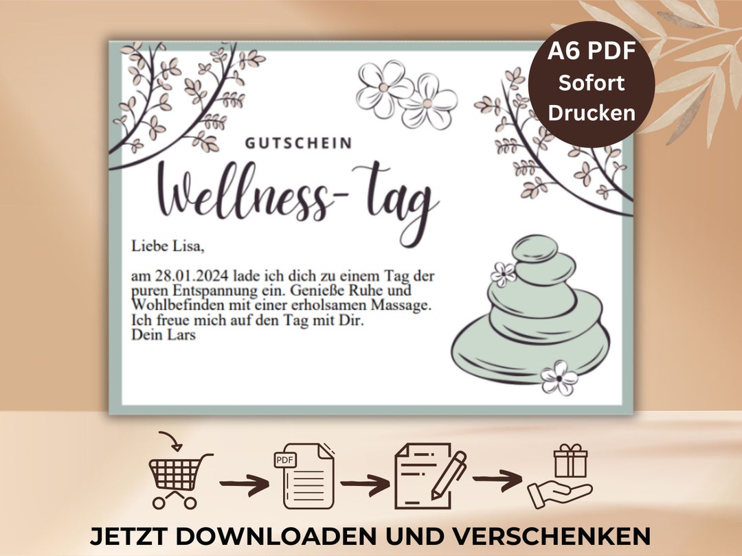 Gutschein Wellness Tag Besuch Vorlage zum Ausdrucken PDF Gutschein Spa ... Gutschein Wellness Tag Besuch Vorlage zum Ausdrucken PDF Gutschein Spa ...