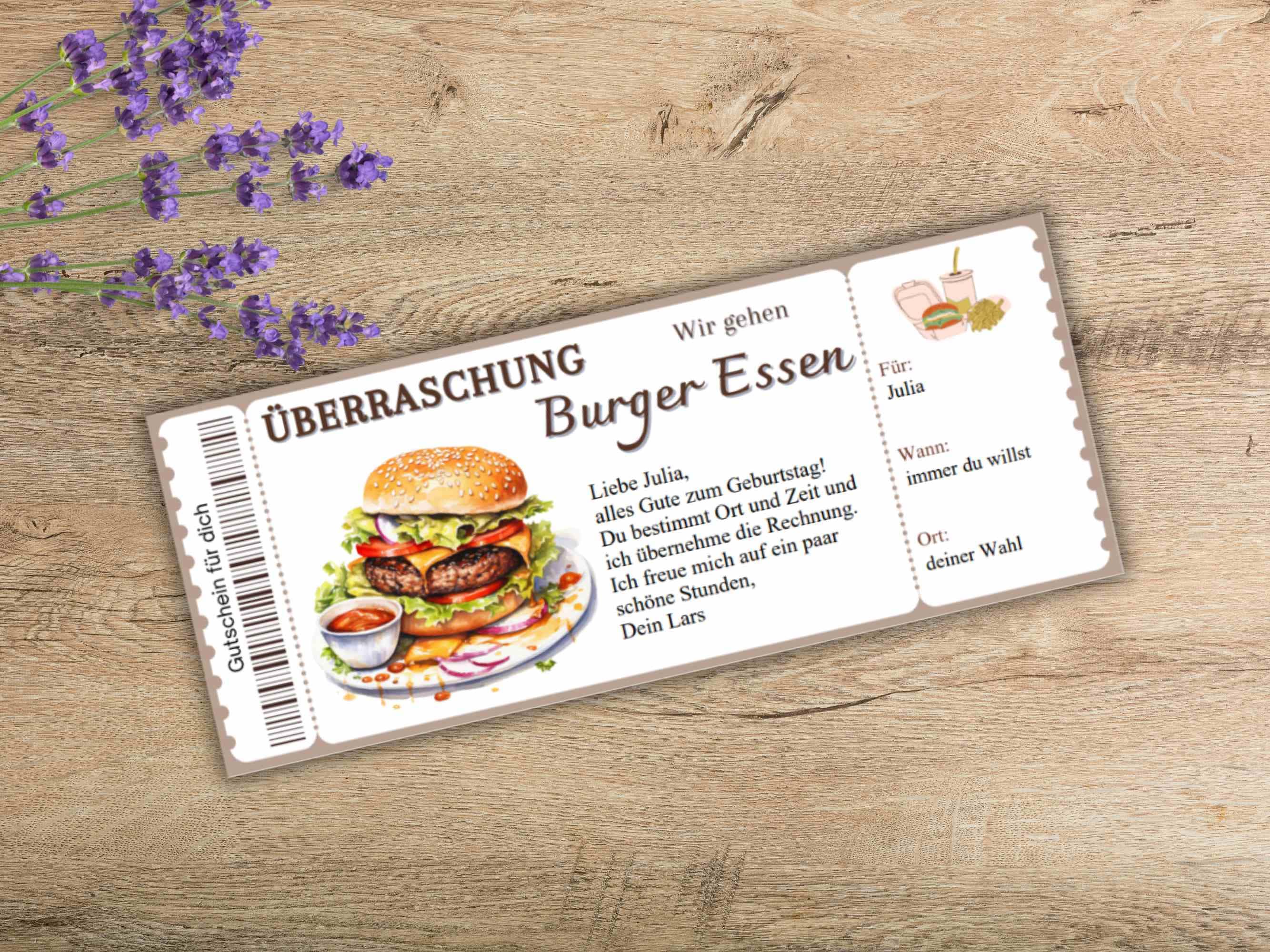 Gutschein Burger Essen Vorlage zum Ausdrucken PDF Einladung ...