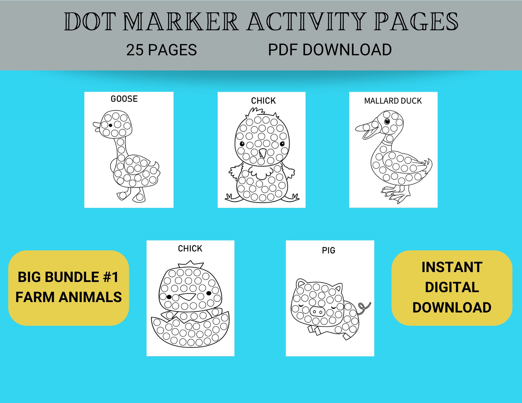 Farm Animals Dot Marker Coloring Pages Bundle #1| Dot Marker Printables ...