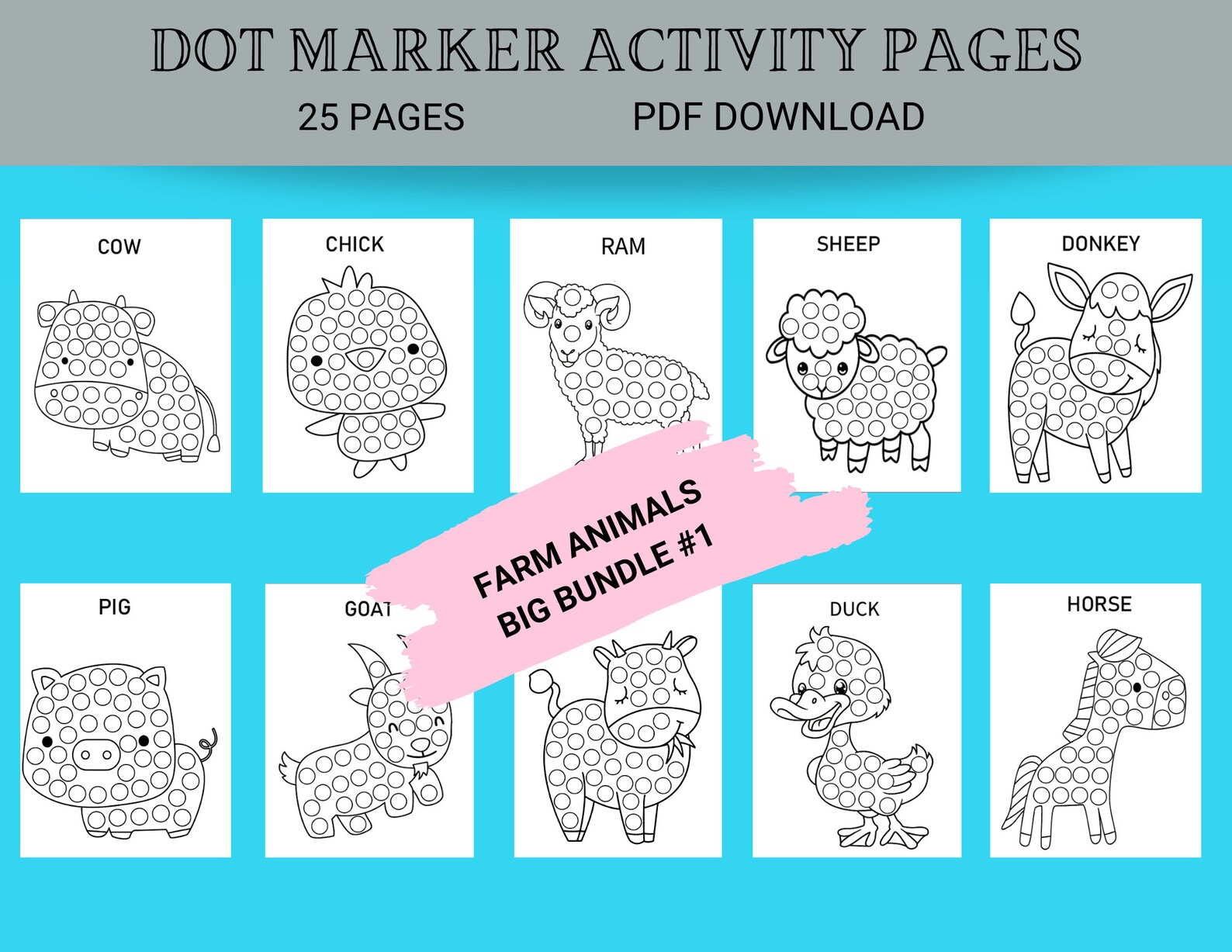 Farm Animals Dot Marker Coloring Pages Bundle #1| Dot Marker Printables ...