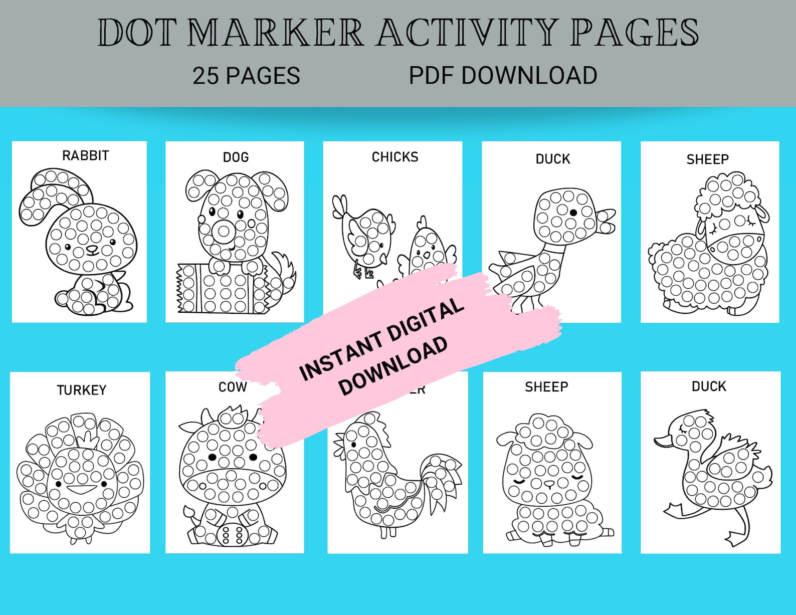 Farm Animals Dot Marker Coloring Pages Bundle #2 | Dot Marker Printable ...