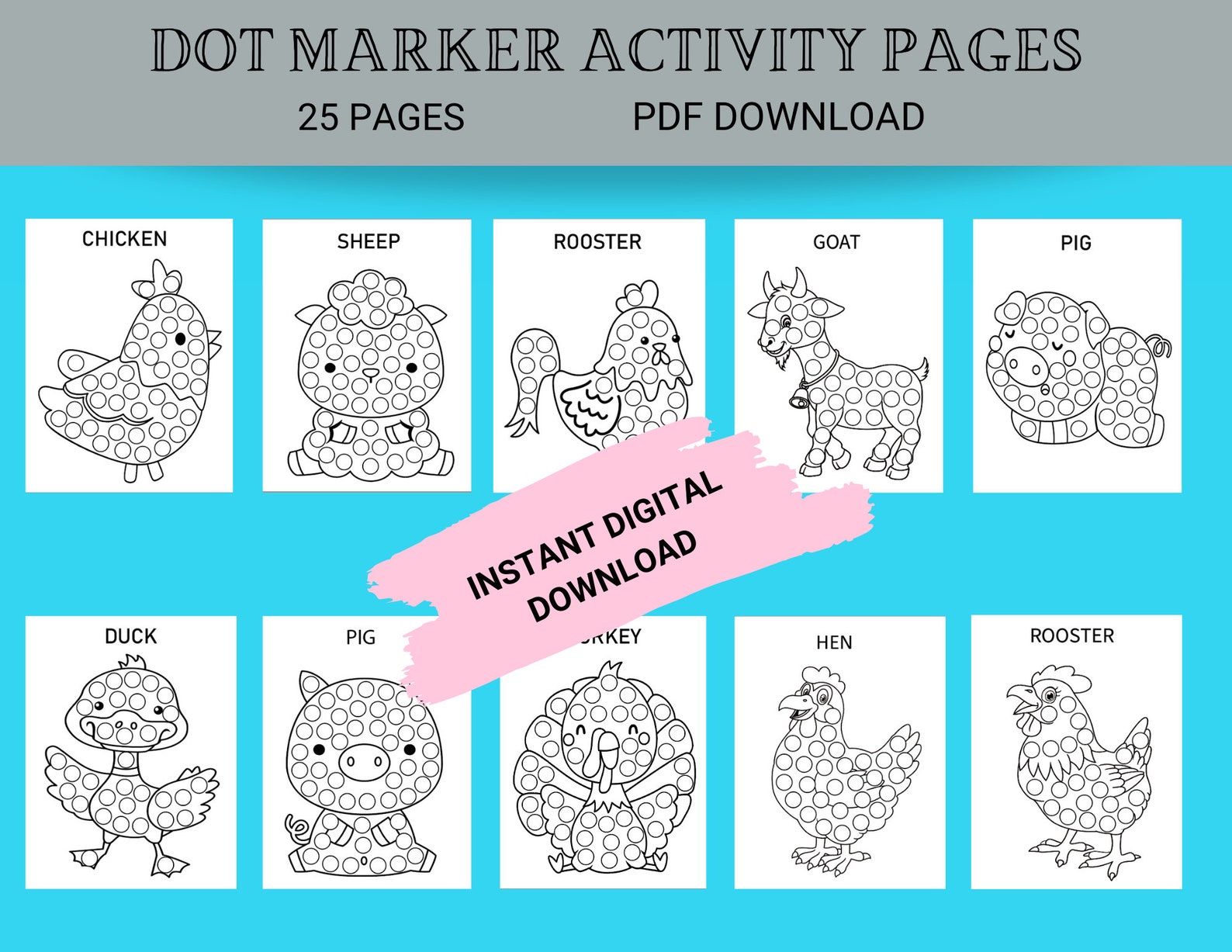 Farm Animals Dot Marker Coloring Pages Bundle #1| Dot Marker Printables ...