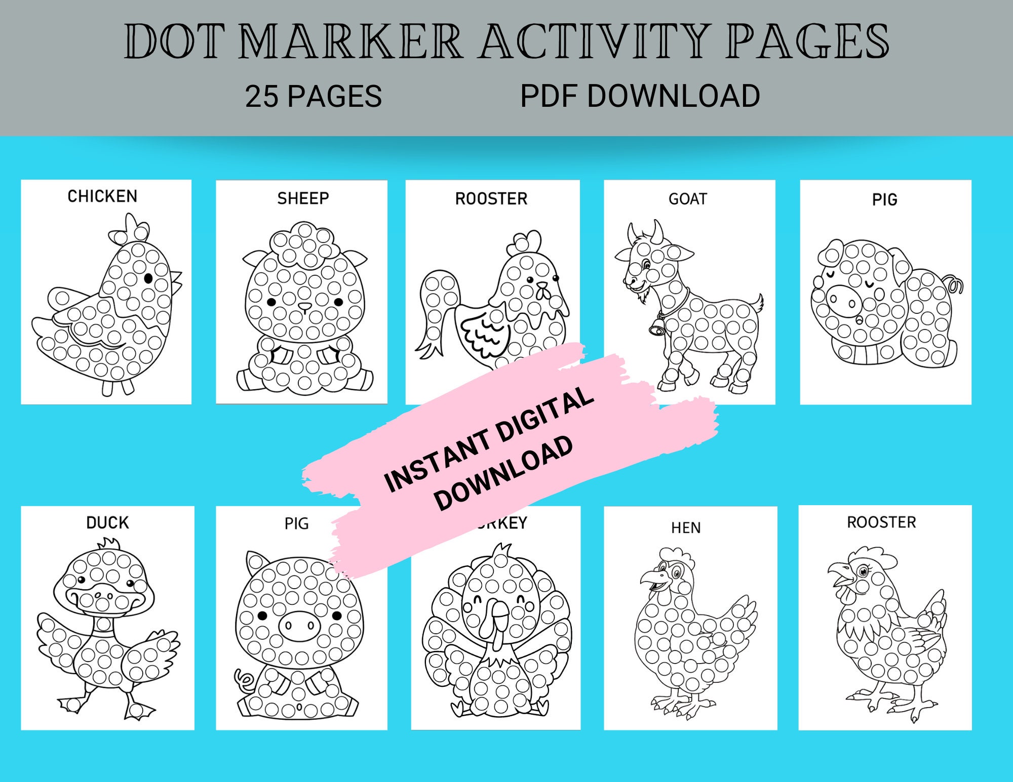 Farm Animals Dot Marker Coloring Pages Bundle #1| Dot Marker Printables ...