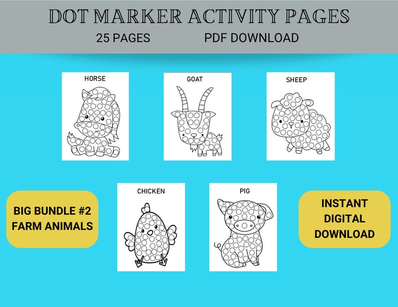 Farm Animals Dot Marker Coloring Pages Bundle #2 | Dot Marker Printable ...