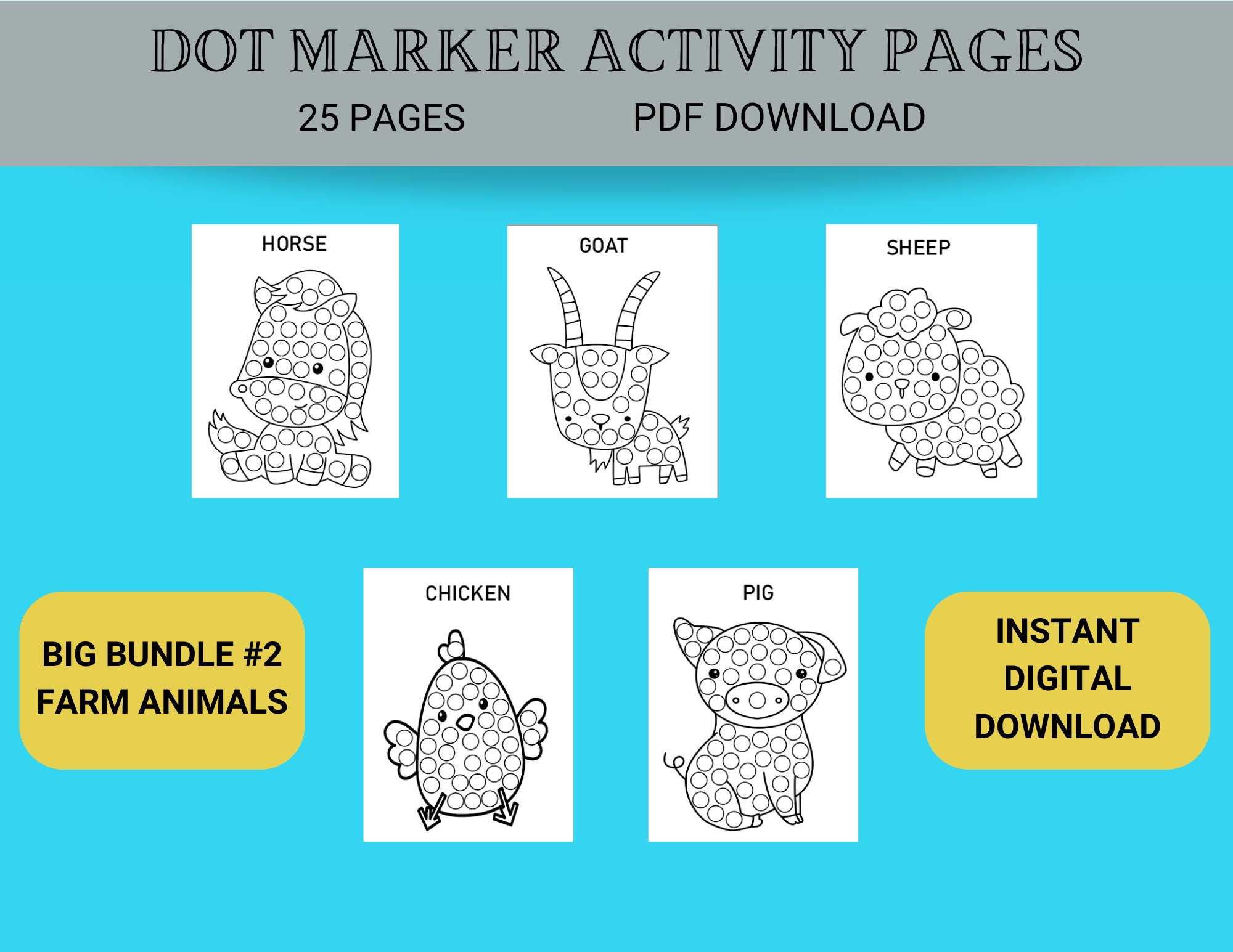 Farm Animals Dot Marker Coloring Pages Bundle #2 | Dot Marker Printable ...