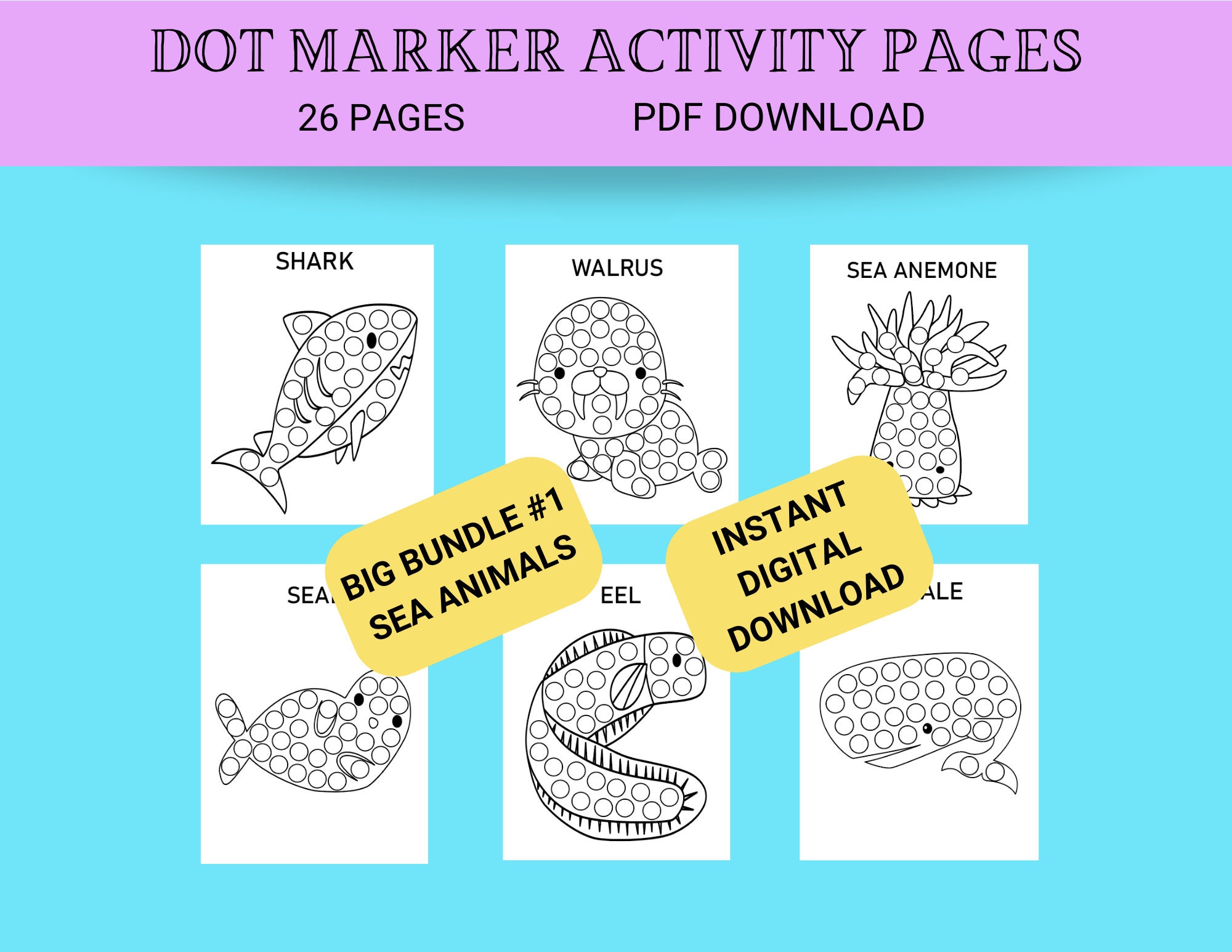 Sea Animals Dot Marker Coloring Pages | Kids Activity (digital Download ...