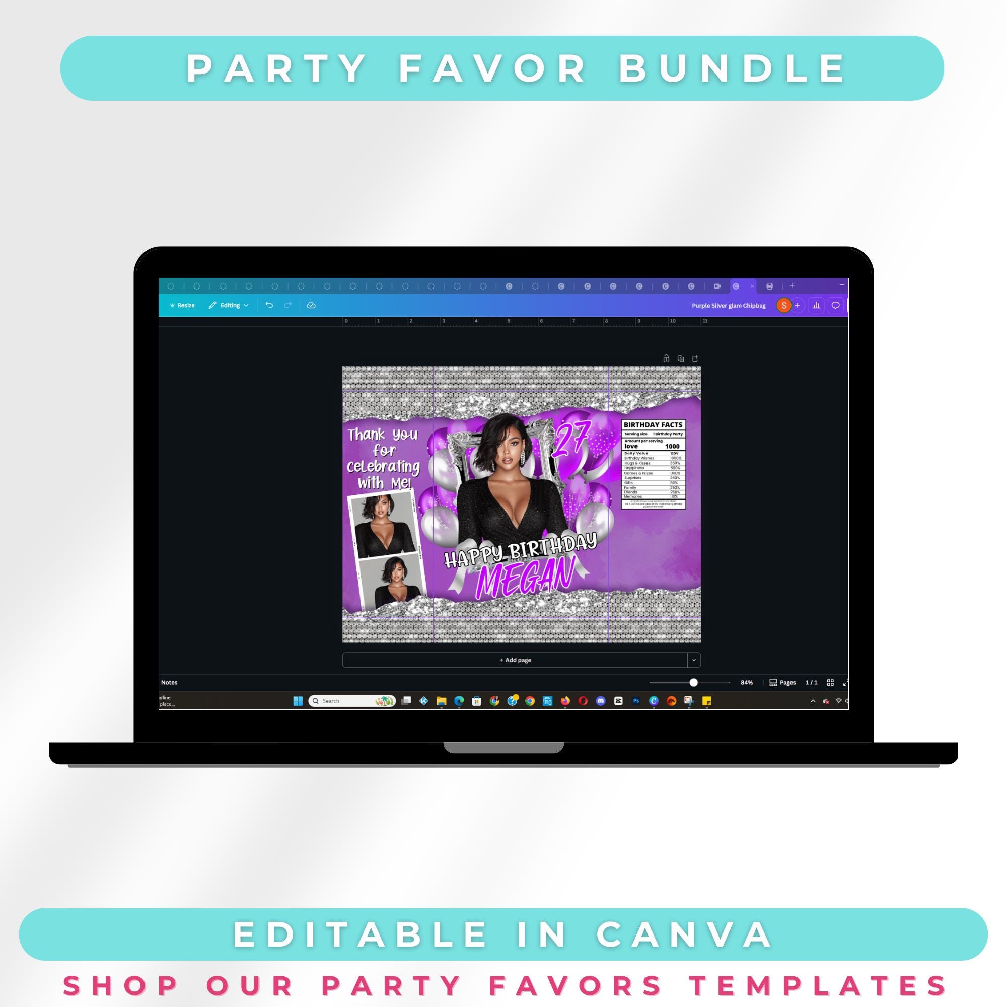Editable Birthday Party Favor Bundle Template | Purple & Silver Glam ...