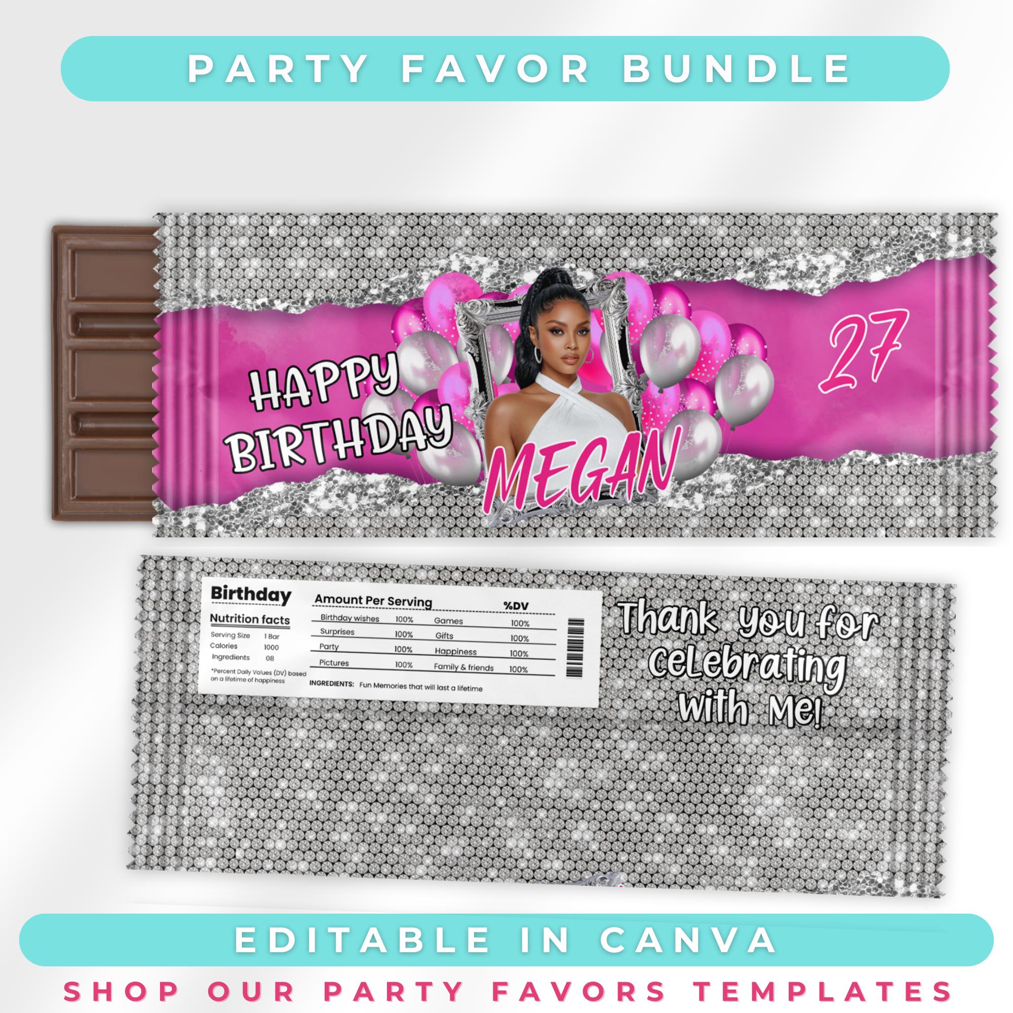 Editable Birthday Party Favor Bundle Template | Pink & Silver Glam ...