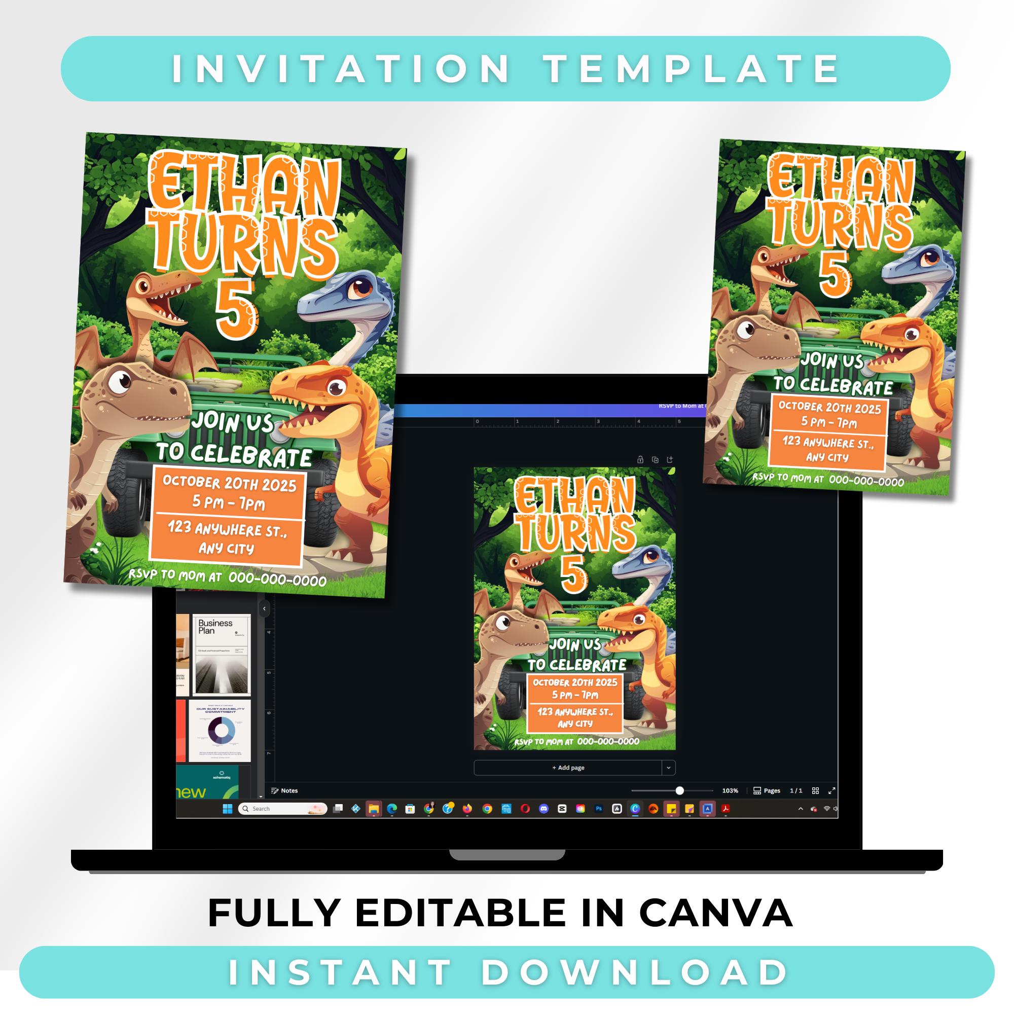 Dino Adventure Invitation Template – Editable in Canva | Dinosaur ...