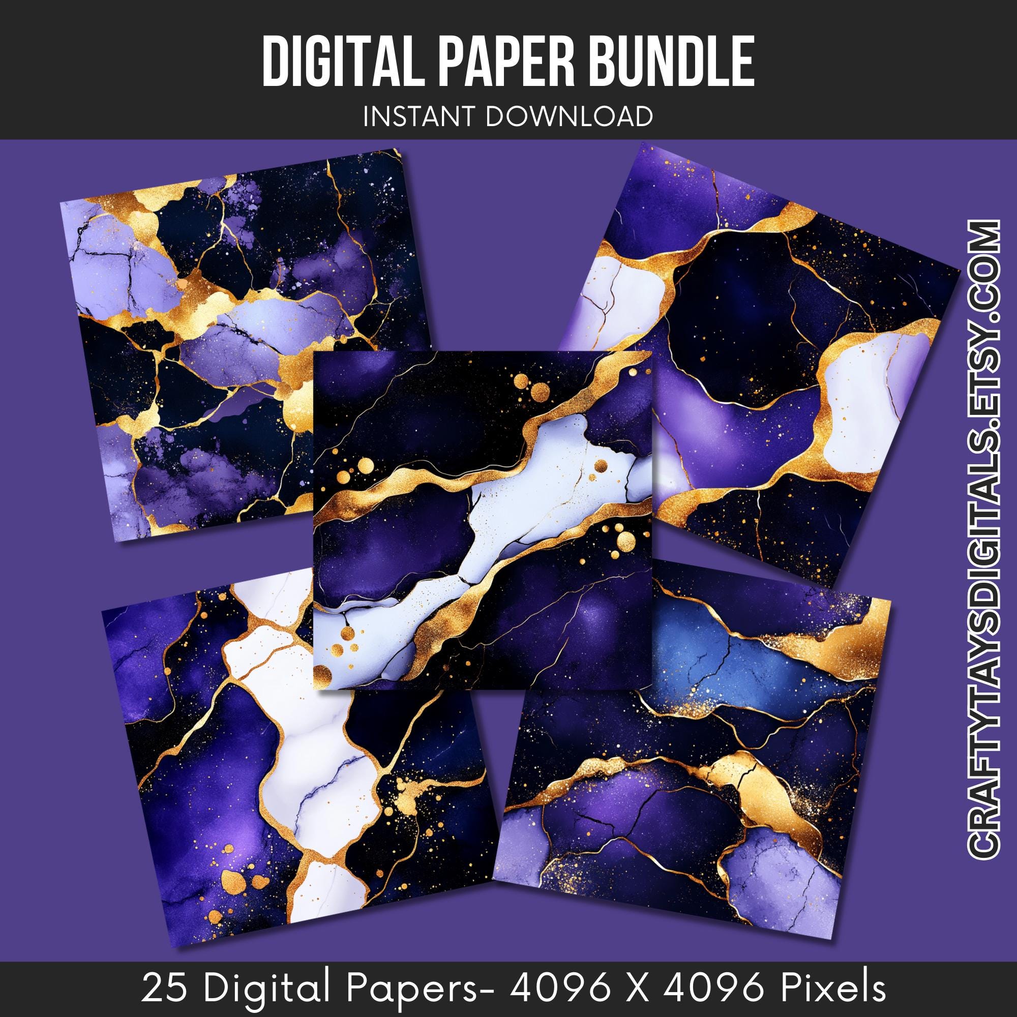 Purple and Gold Marble Digital Paper Bundle | 25 Abstract Marble Agate ...
