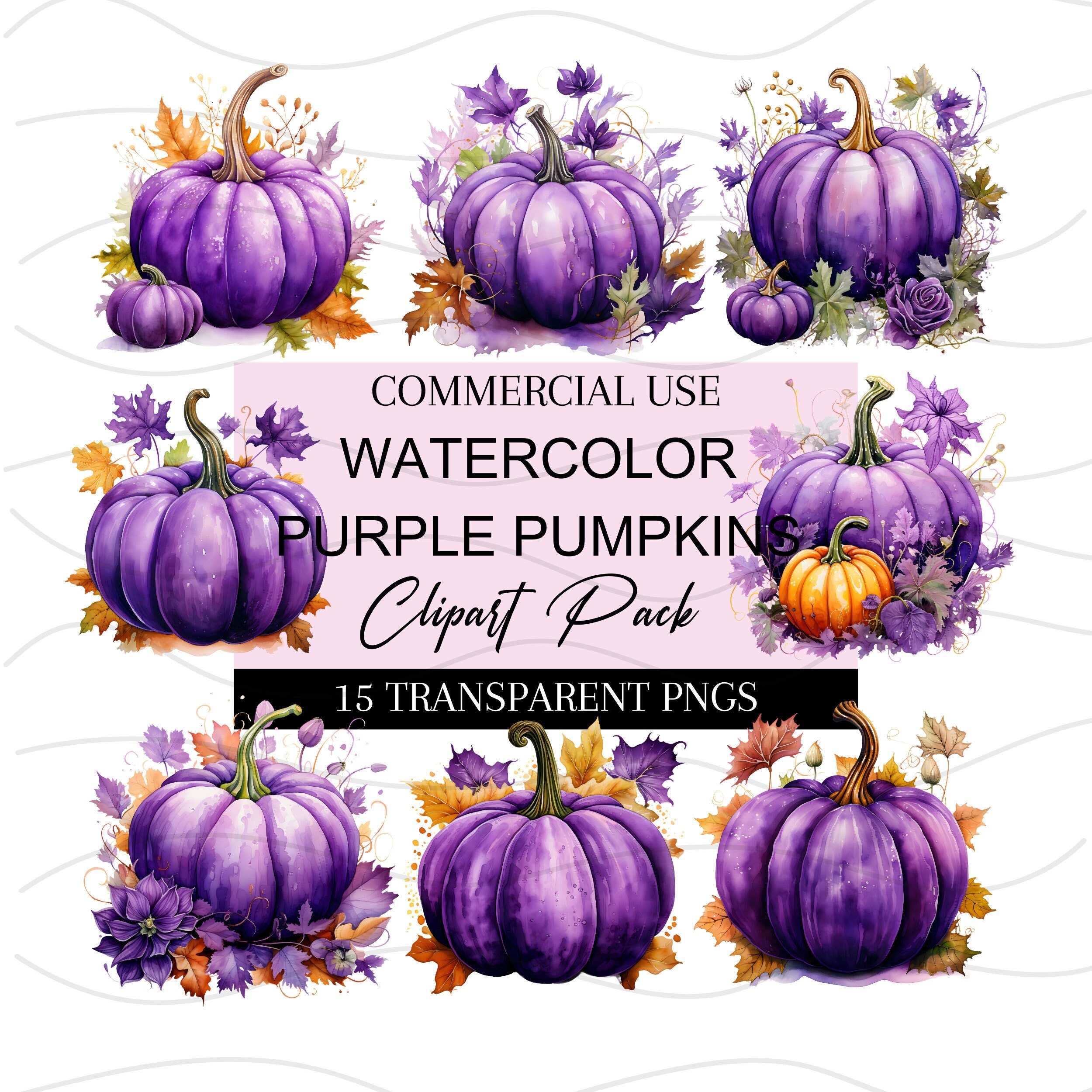 Watercolor Purple Pumpkin Clipart Bundle: Halloween Graphics, Fall PNG ...