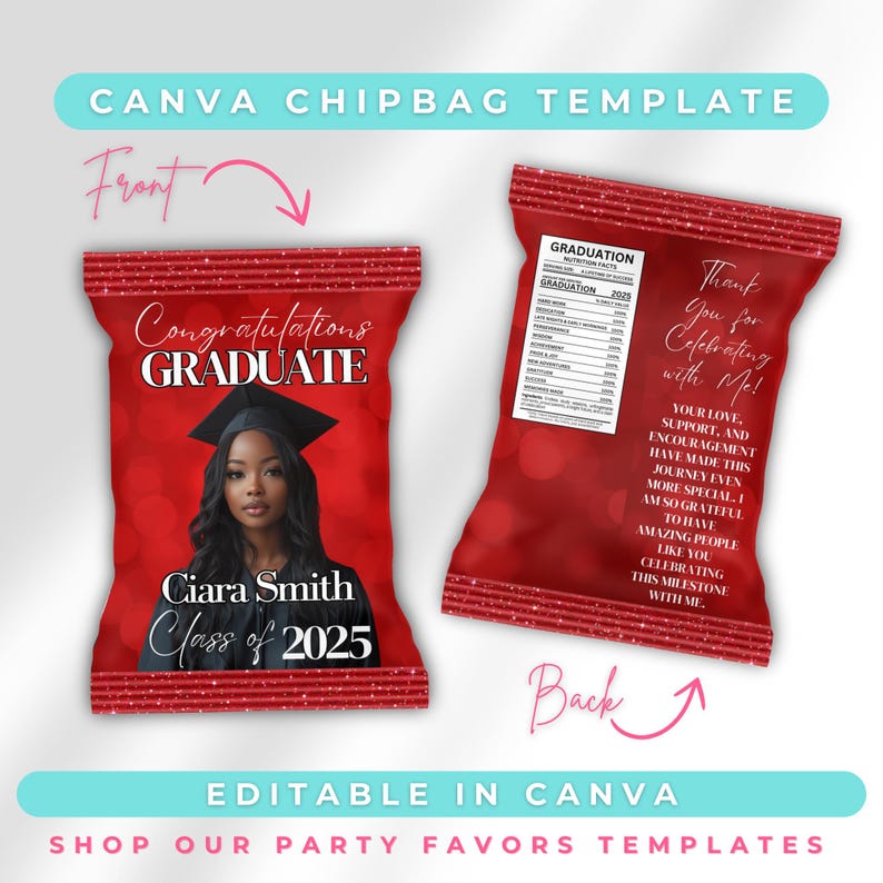 Red Graduation Party Favor Bundle – Chip Bag, Chocolate Bar Wrapper ...