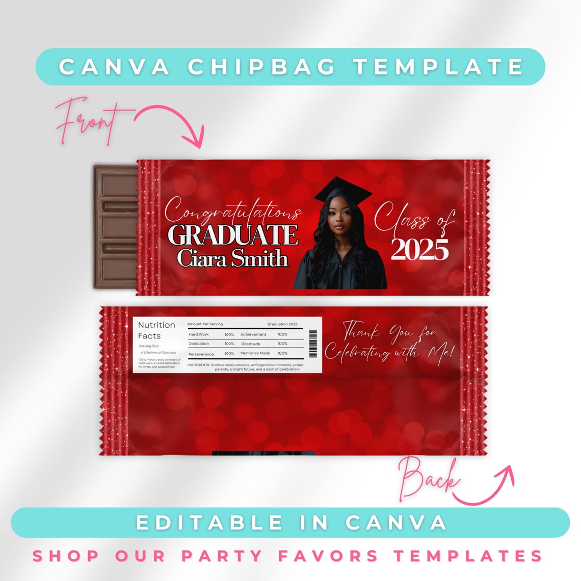 Red Graduation Party Favor Bundle – Chip Bag, Chocolate Bar Wrapper ...
