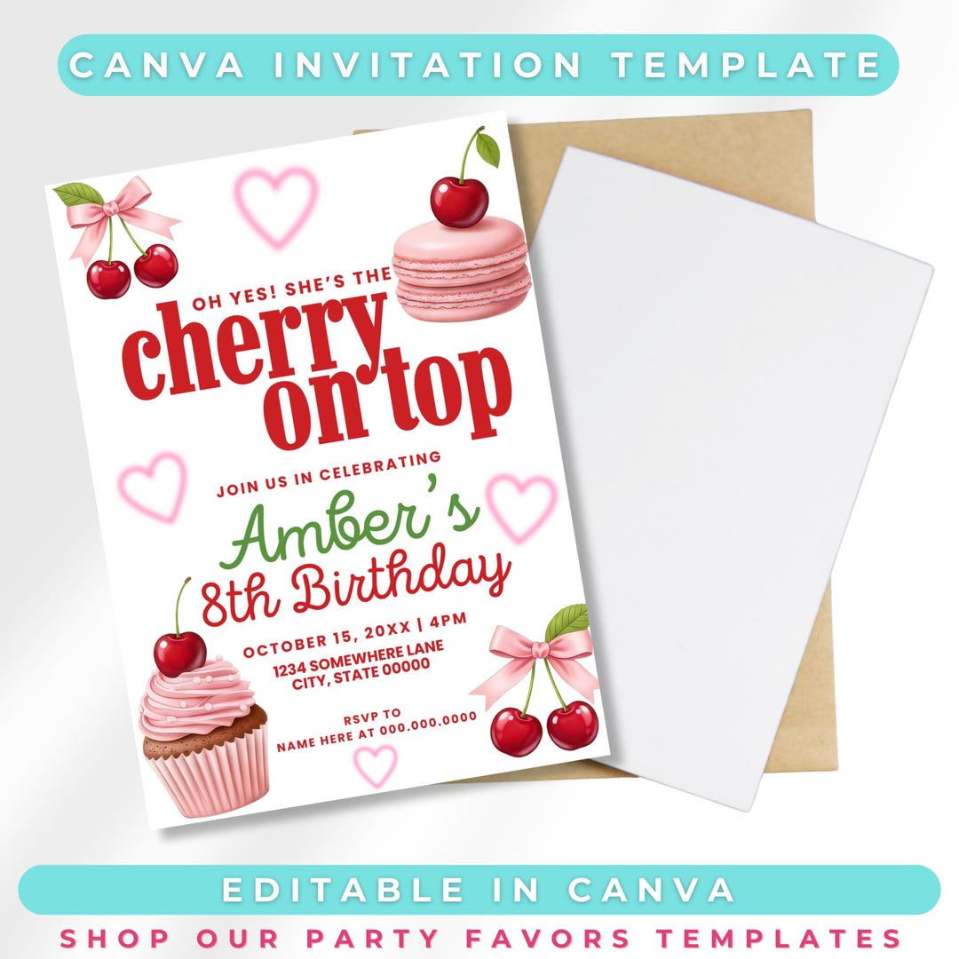 Cherry Birthday Invitation Editable Canva Template - Canva Girl ...