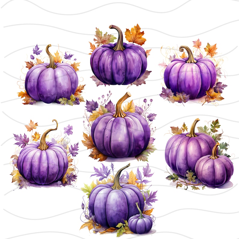 Watercolor Purple Pumpkin Clipart Bundle: Halloween Graphics, Fall PNG ...