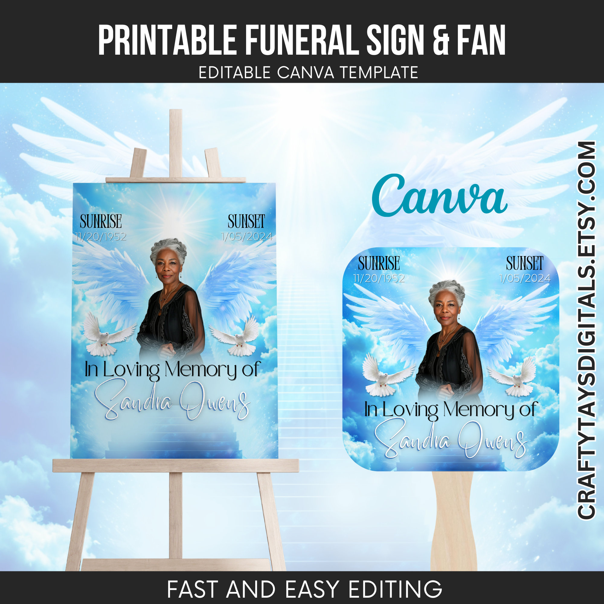 Editable Memorial Sign & Fan Bundle Template | Printable and Editable ...