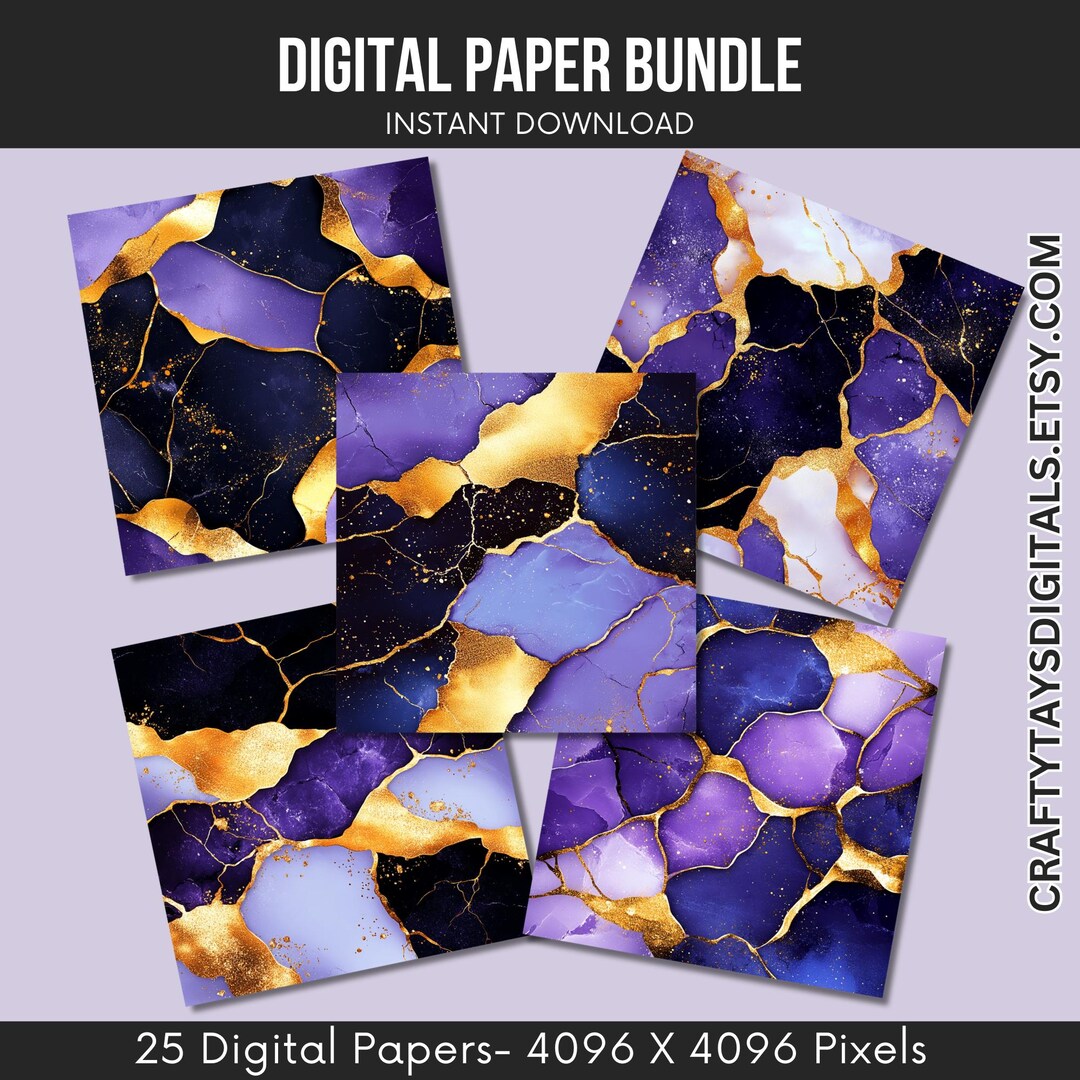 Purple and Gold Marble Digital Paper Bundle | 25 Abstract Marble Agate ...