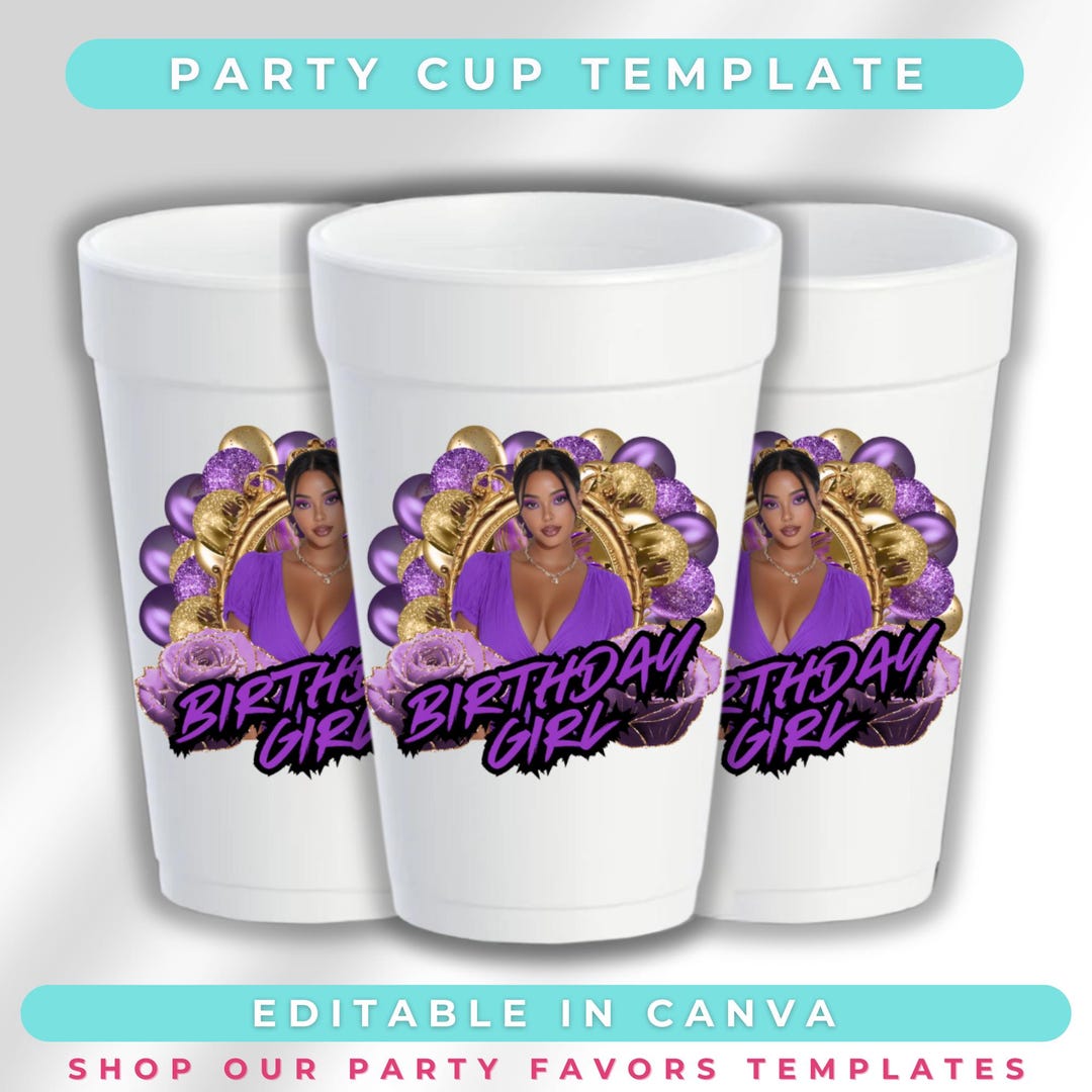 Birthday Cup Template | Purple Editable Canva Design for Party Cups ...