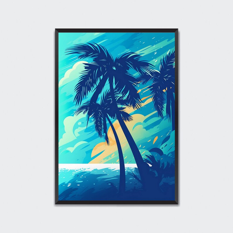 Blue Landscape Palm Trees Wall Art Print Illustration Printable ...