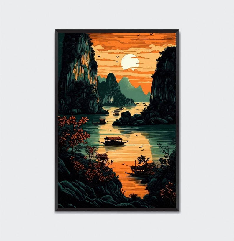 Sun Rising Over River Wall Art Print Illustration Printable Painting ...