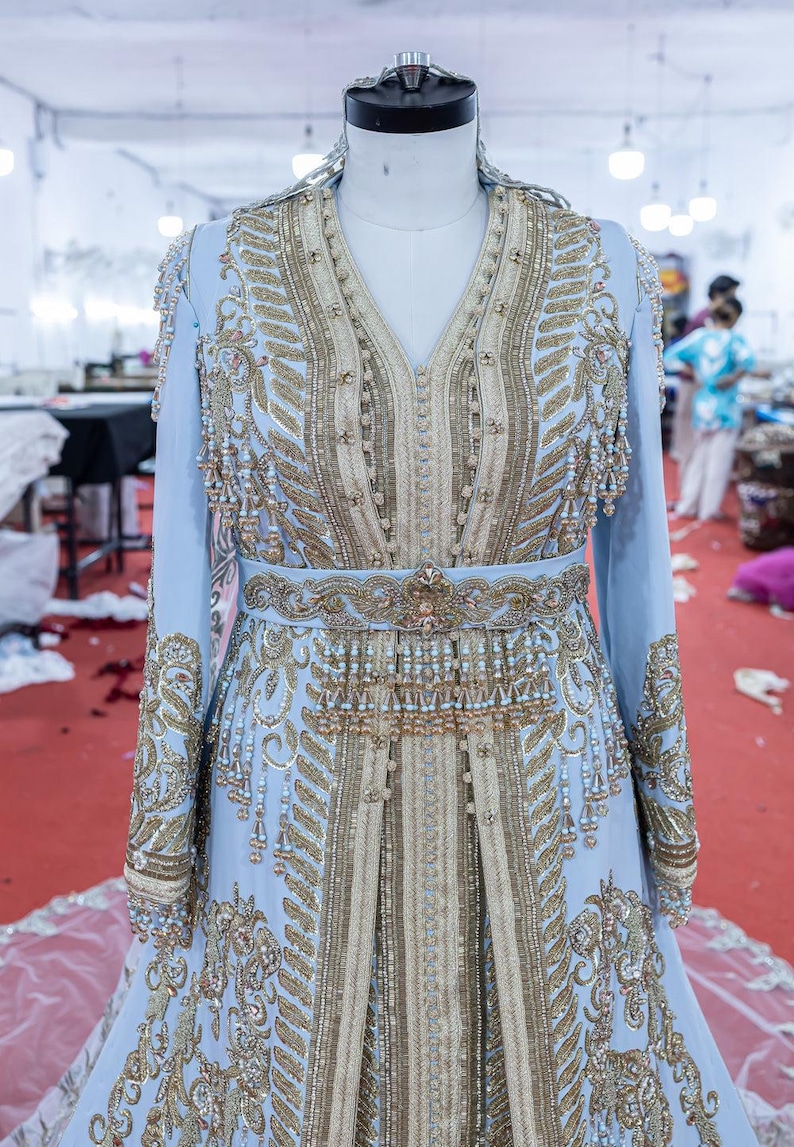 Powder Blue Moroccan Kaftan, Luxury Crepe Takchita, Gold Embroidered ...