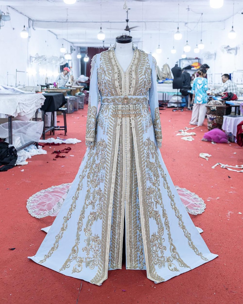 Powder Blue Moroccan Kaftan, Luxury Crepe Takchita, Gold Embroidered ...