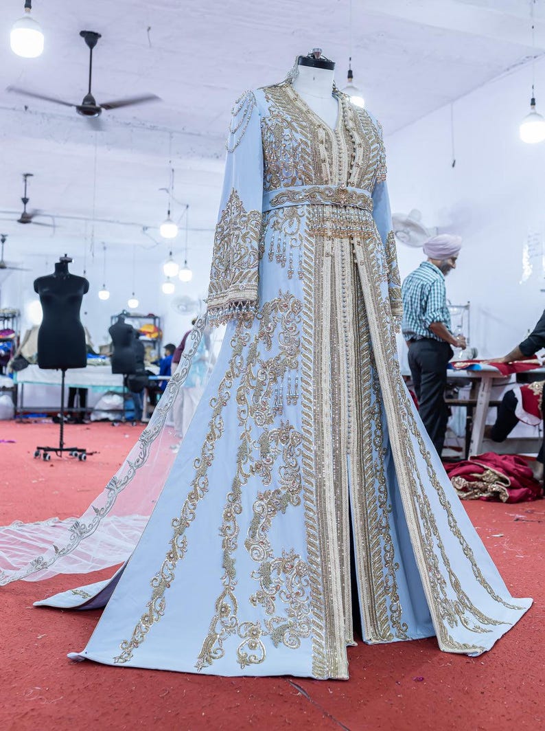 Powder Blue Moroccan Kaftan, Luxury Crepe Takchita, Gold Embroidered ...