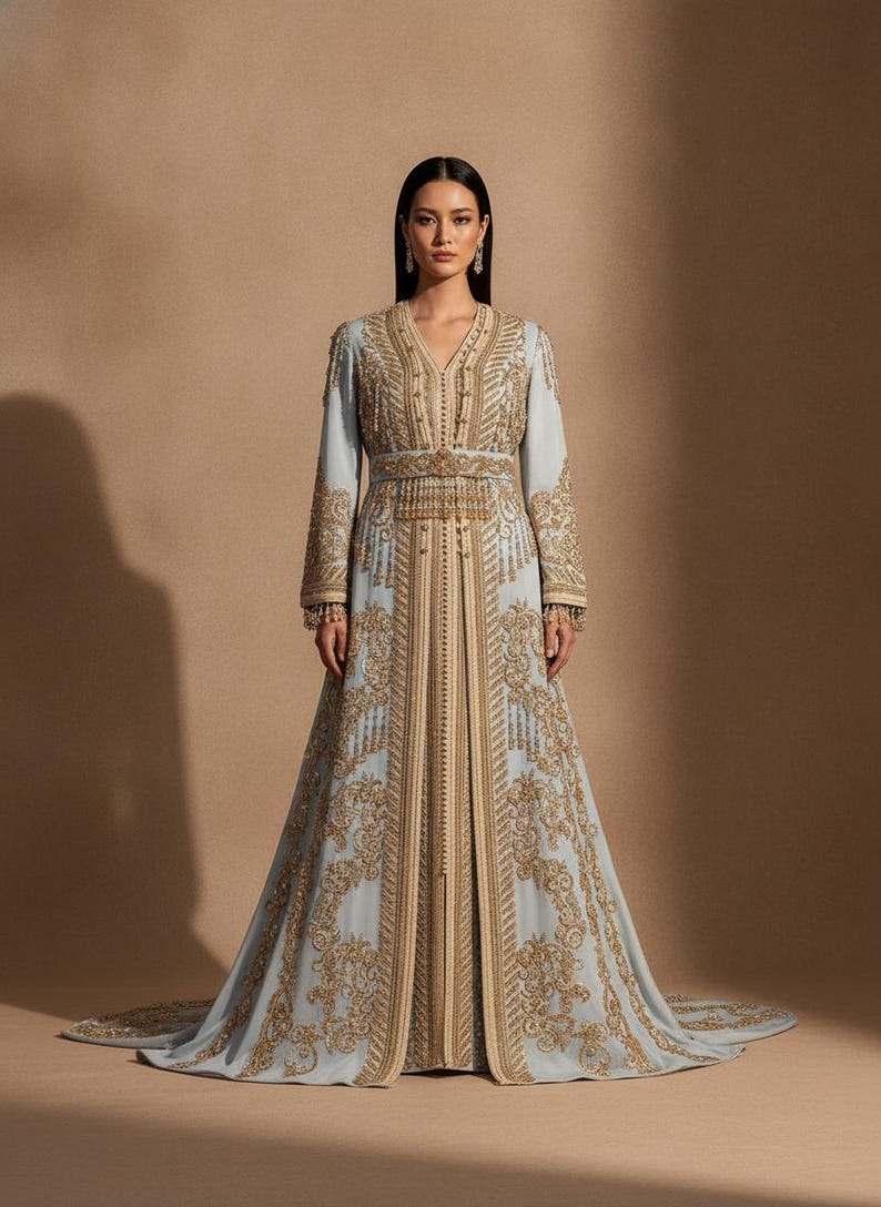 Powder Blue Moroccan Kaftan, Luxury Crepe Takchita, Gold Embroidered ...