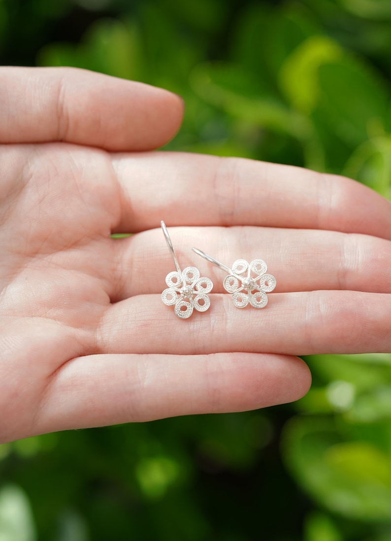 925 Sterling Silver Handmade Filigree Daisy Flower Drop Earrings for ...