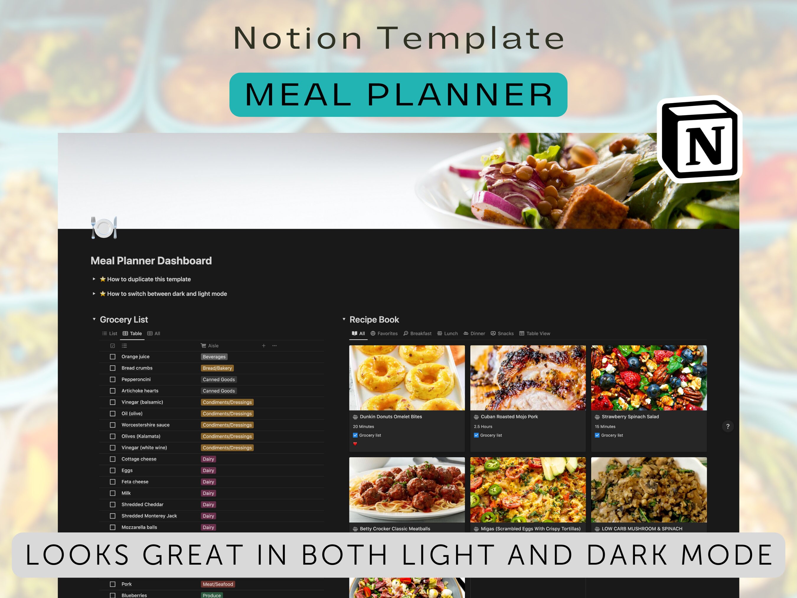 Notion Template, Meal Planner With Grocery List Integration and Recipe ...