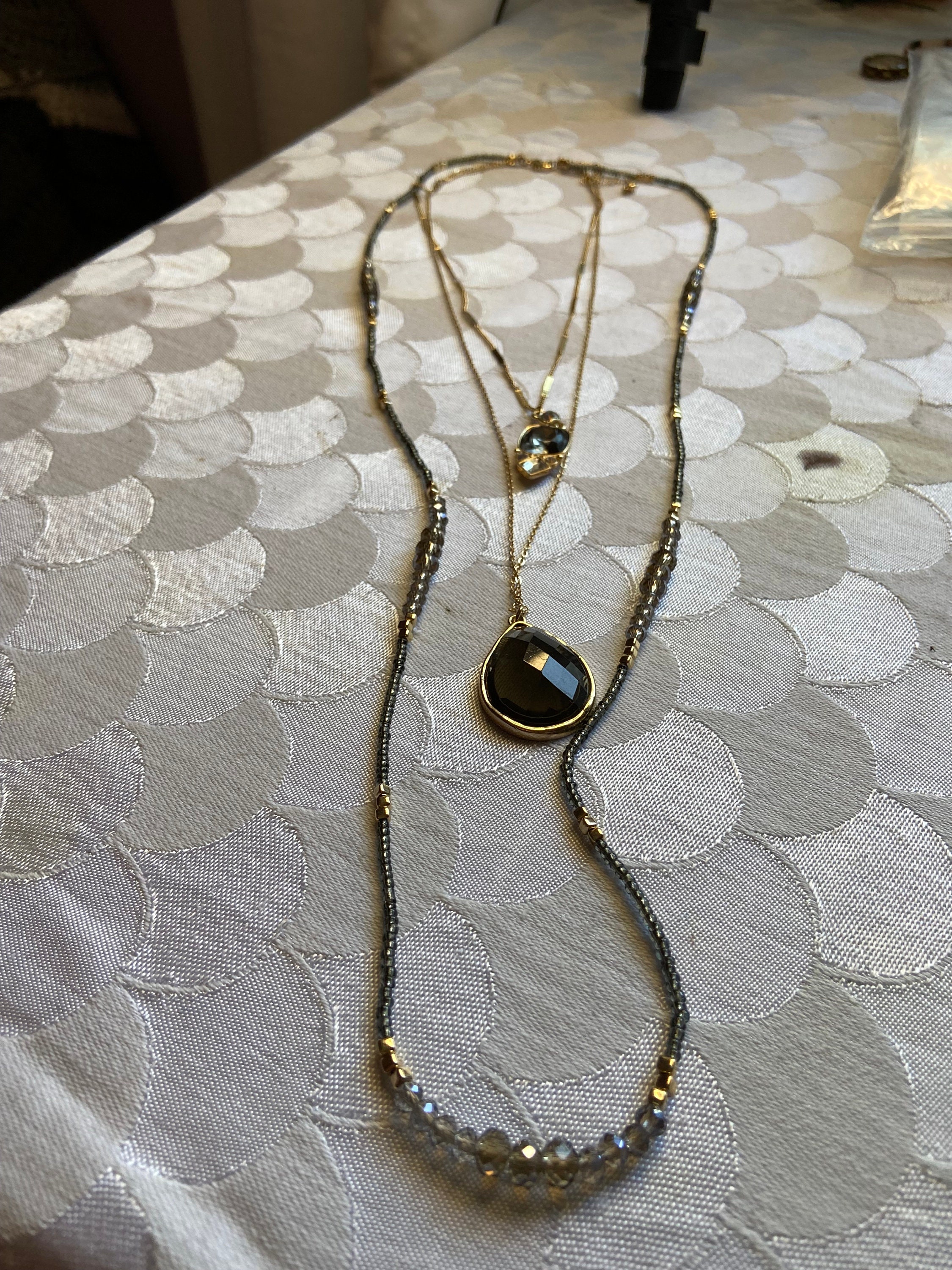 3 Tiered Necklace With 2 Pendants. Gold Tone, Smoky Topaz Colour ...
