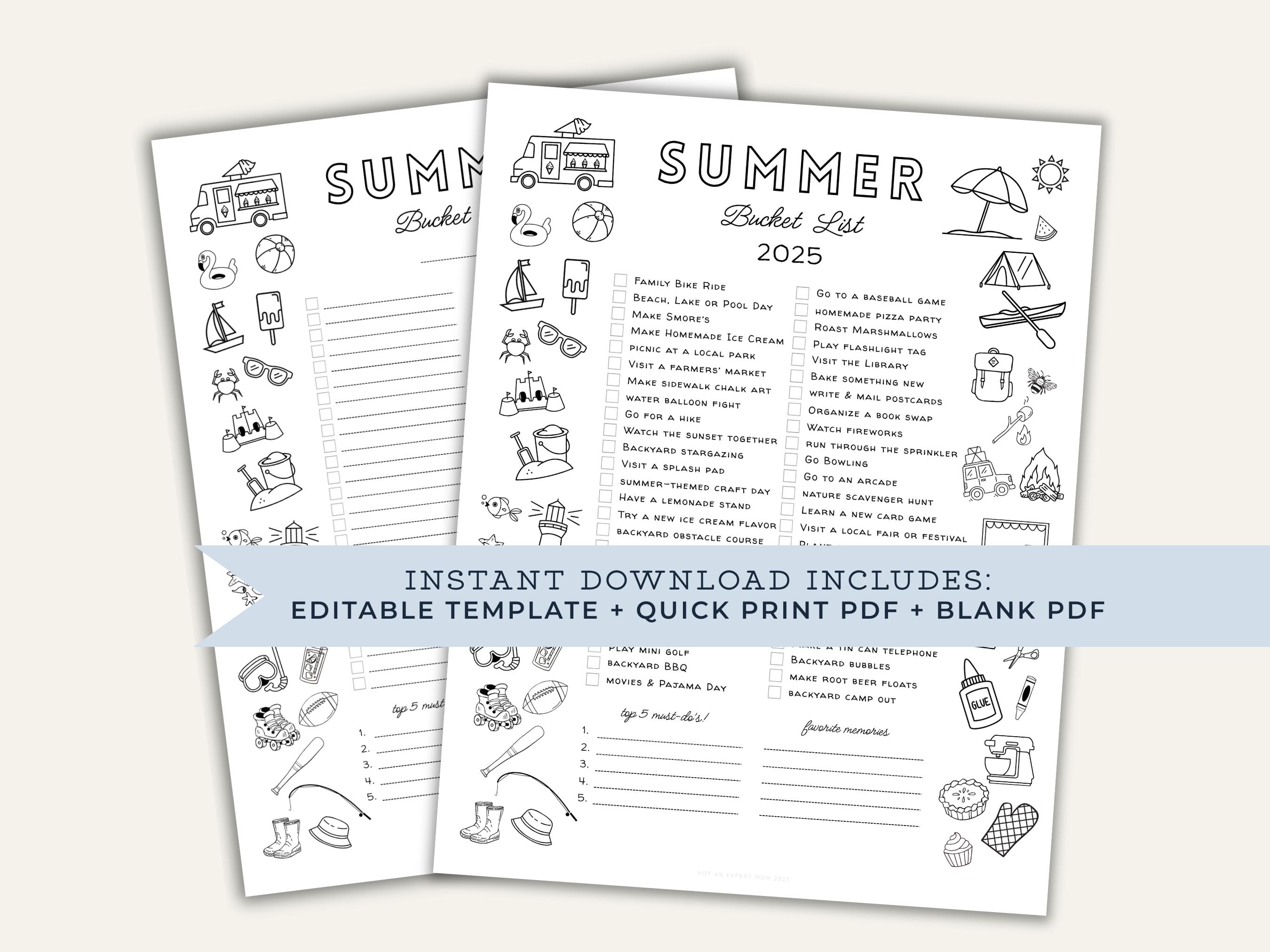 Summer Bucket List Printable, Editable Family Bucket List Template ...