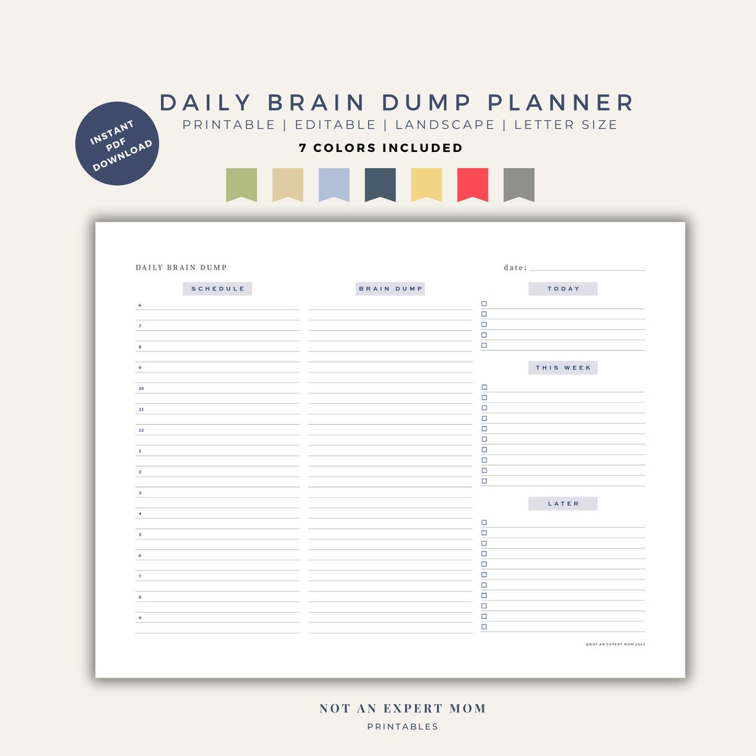 Daily Undated Hourly Printable Planner, Brain Dump Planner, Printable ...