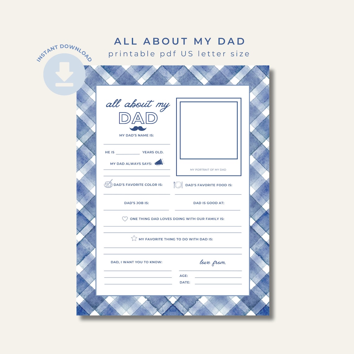 All About My Dad Printable Father's Day Gift, Last Minute Father's Day ...