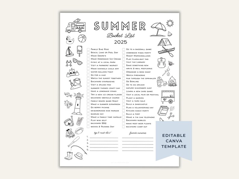 Summer Bucket List Printable, Editable Family Bucket List Template ...